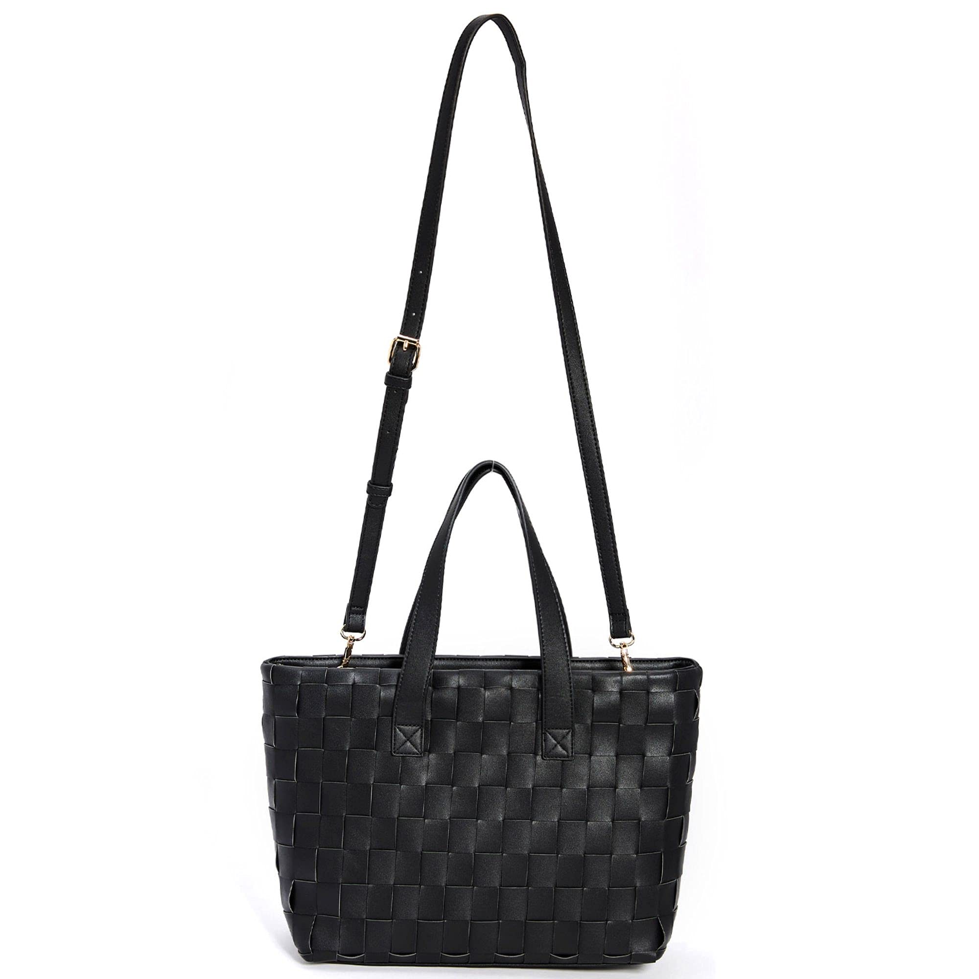 Like Dreams Women's Large Vegan Leather Woven Quilted Top Handle Missy Fashion Tote Bag (Black)