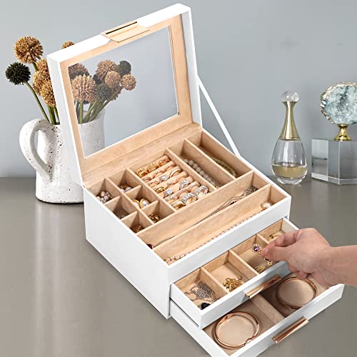 Zglori Jewelry Box, 3 Layers Jewelry Organizer with Glass Lid, 2 Drawers Jewelry Storage Case Holder for Women, Girls