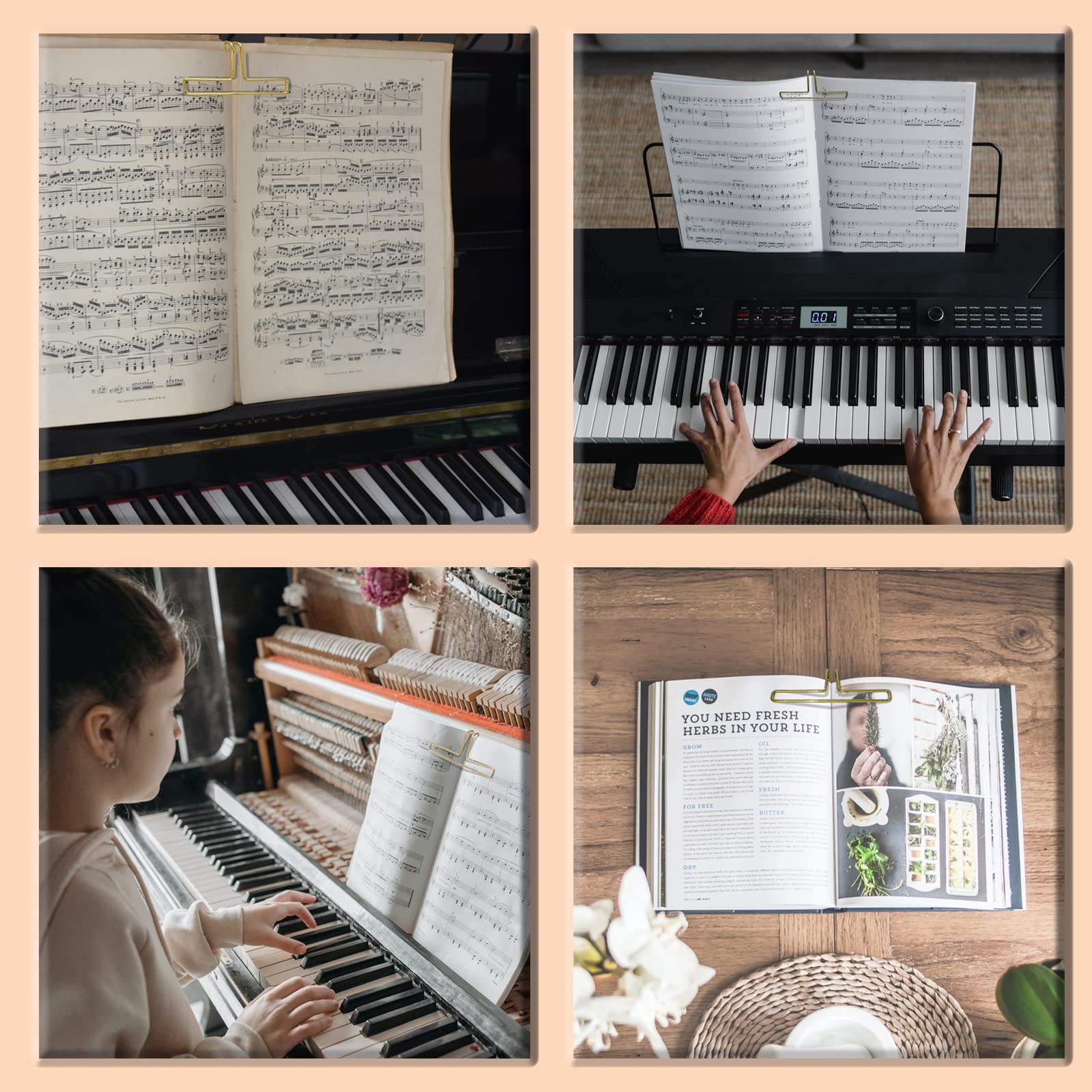 Llewyn Music Book Clip,Metal Music Book Page Holder for Music Sheet,Piano Sheet,Book(4 Pack) (Gold)