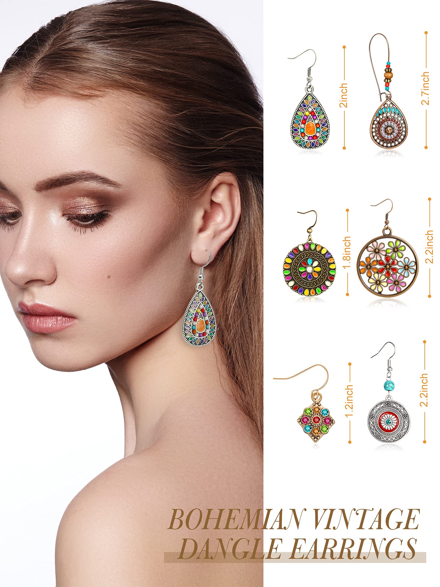 Hicarer 9 Pieces Bohemian Vintage Dangle Earrings Set Boho Retro Rhinestone Drop Earrings Multi-layer Beaded Leather Bracelet and Turquoise Bead Necklace Jewelry for Women