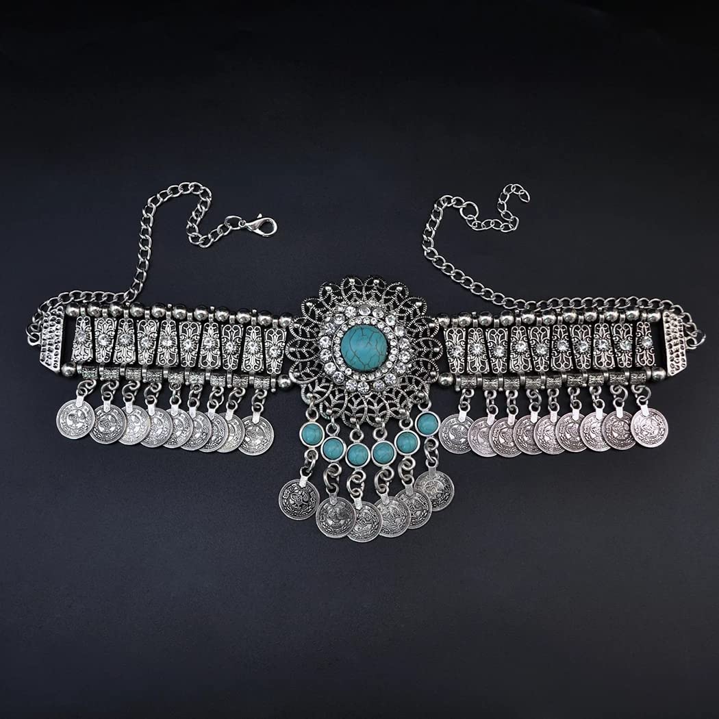 idealway Retro Boho Tribal Tassel Collar Bib Chain Chunky Pendant Statement Necklace Choker for Women (Silver)