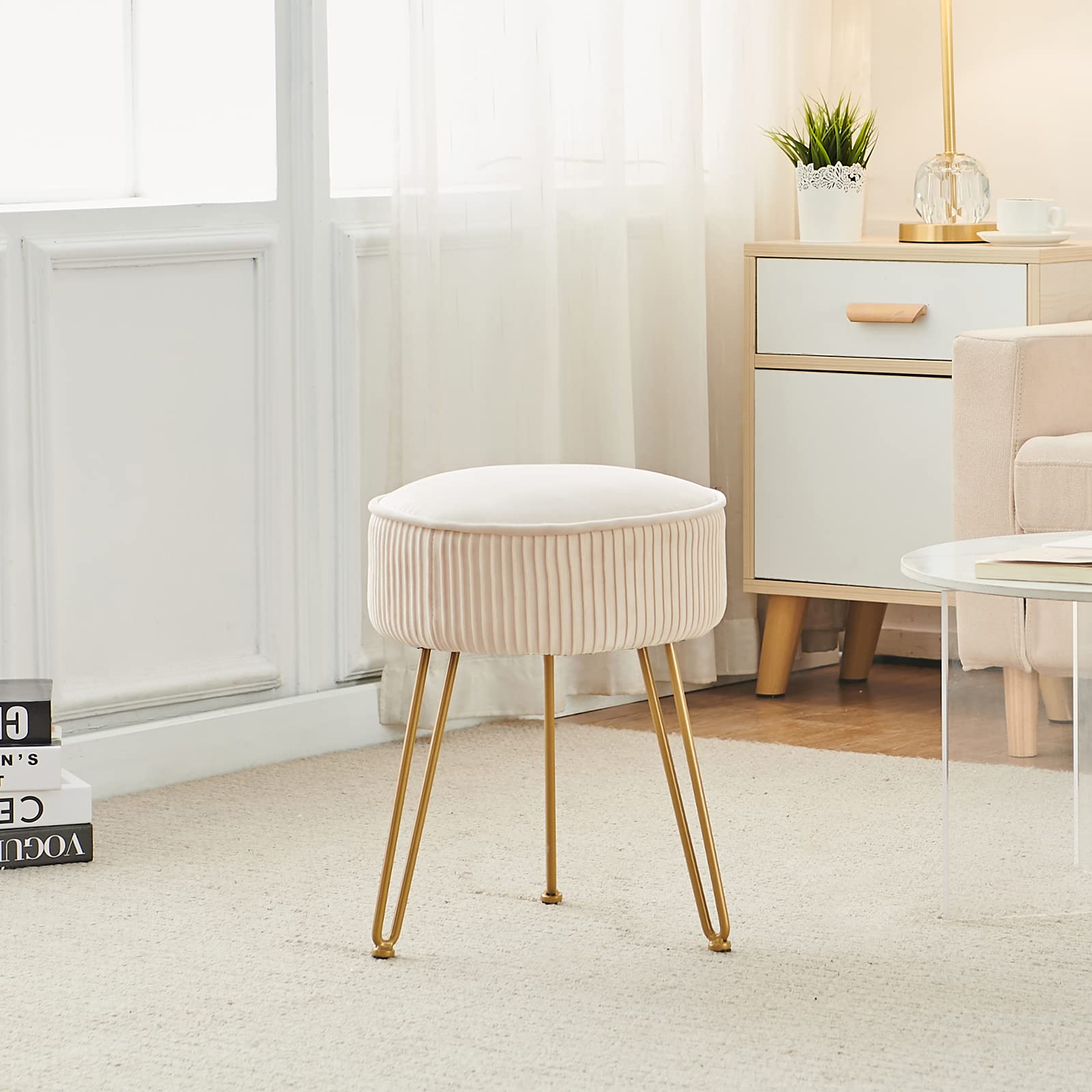 hf-Choous Multifunctional Vanity Stool, Velvet Round Ottoman Dressing Stool, Upholstered Seated Footrest Stool with Gold Metal Legs, Modern Side Table Footstool for Living Room,Bedroom(White)