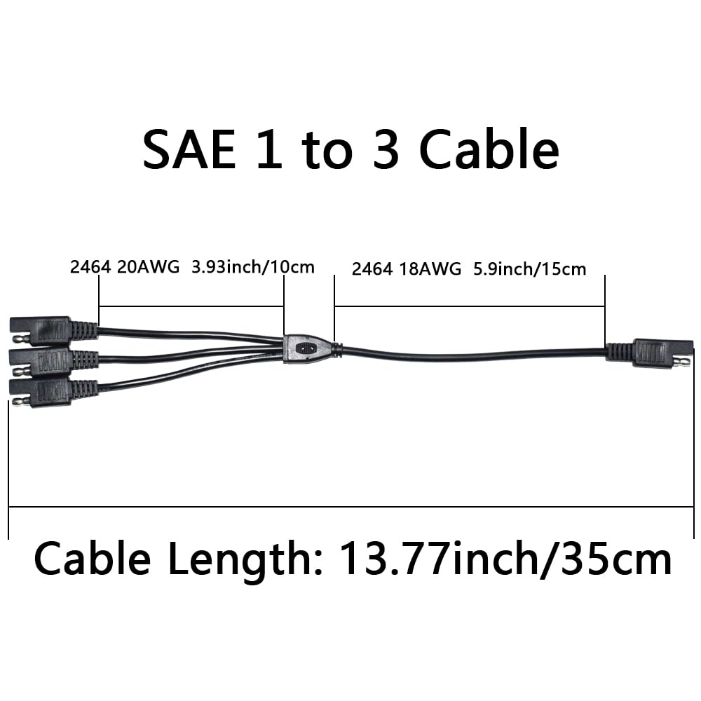 JINKAIMING 2PCS SAE 1 to 3 Y Splitter Extension Cable 35cm/18AWG SAE Connector 3 Way Power Cord Multi Extender for 12V System Solar Panel, Battery Tender Kayak, Mower, Automotive