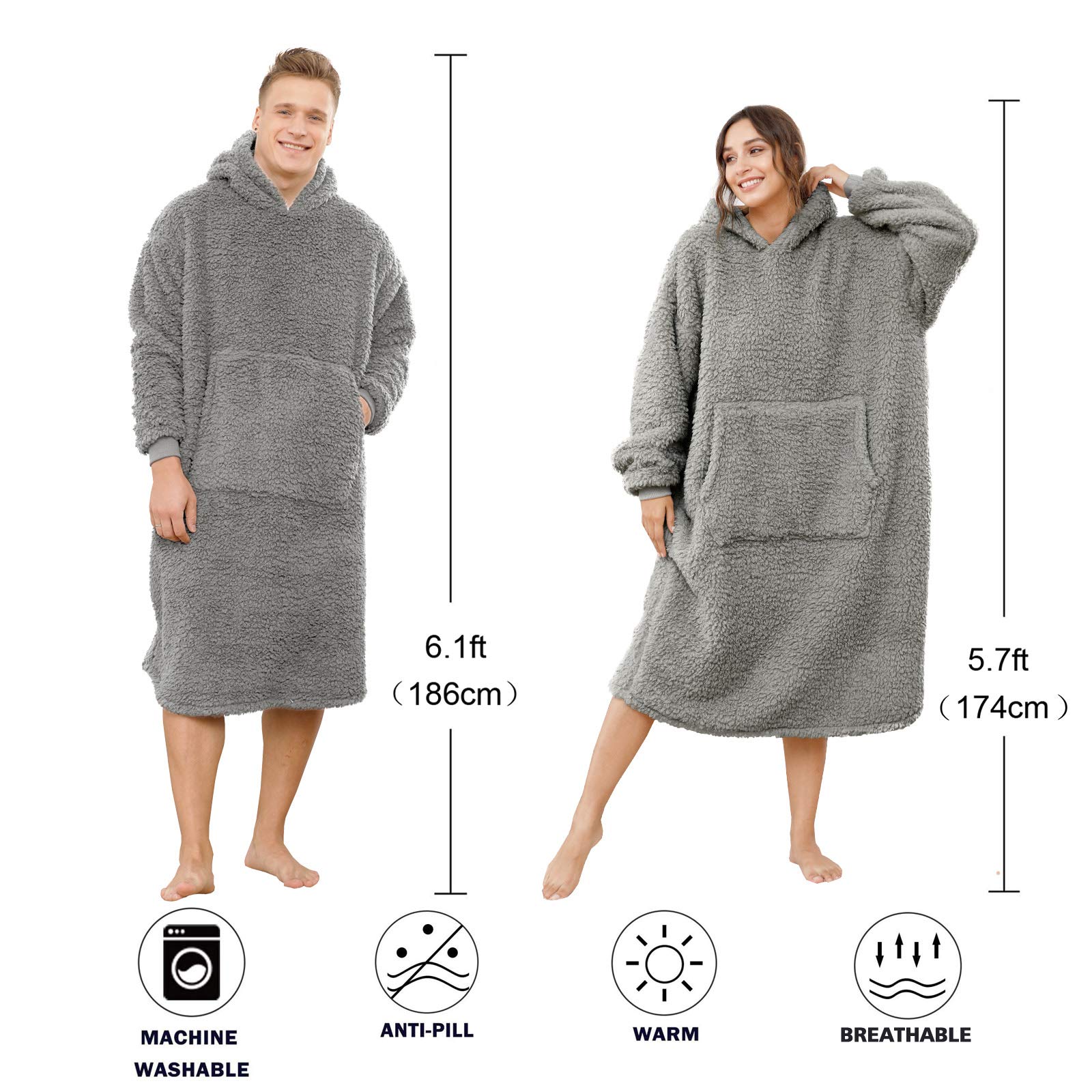 ililmmoe Sherpa Wearable Blanket Oversized Hoodie Sweatshirt TV Blanket with Long Sleeves and Pocket-Gray