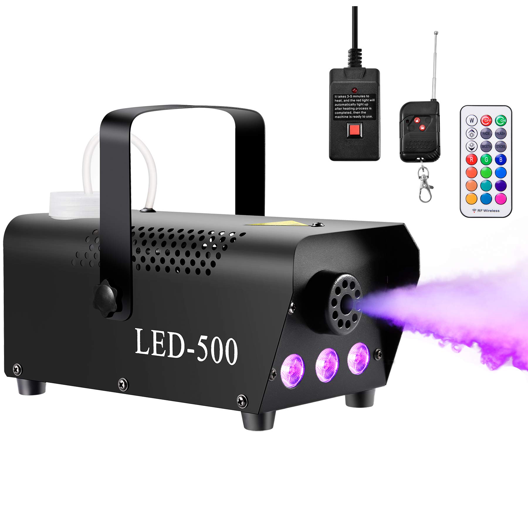 IPHUNGO 500W & 3000 CFM Fog Smoke Machine Controllable Lights with Fuse Protection - 3 LED Lights & 13 Colors & 1 Wired Receiver and 2 Wireless Remote Controls Perfect for Wedding, Party, Stage Effect