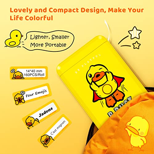 JADENS D110 & B. Duck Label Maker, Portable Bluetooth Label Printer for Storage, Office, Home, Organizing, Mini Cute Label Maker Machine with 1 Roll Cartoon Tape, Sticker Maker, Yellow