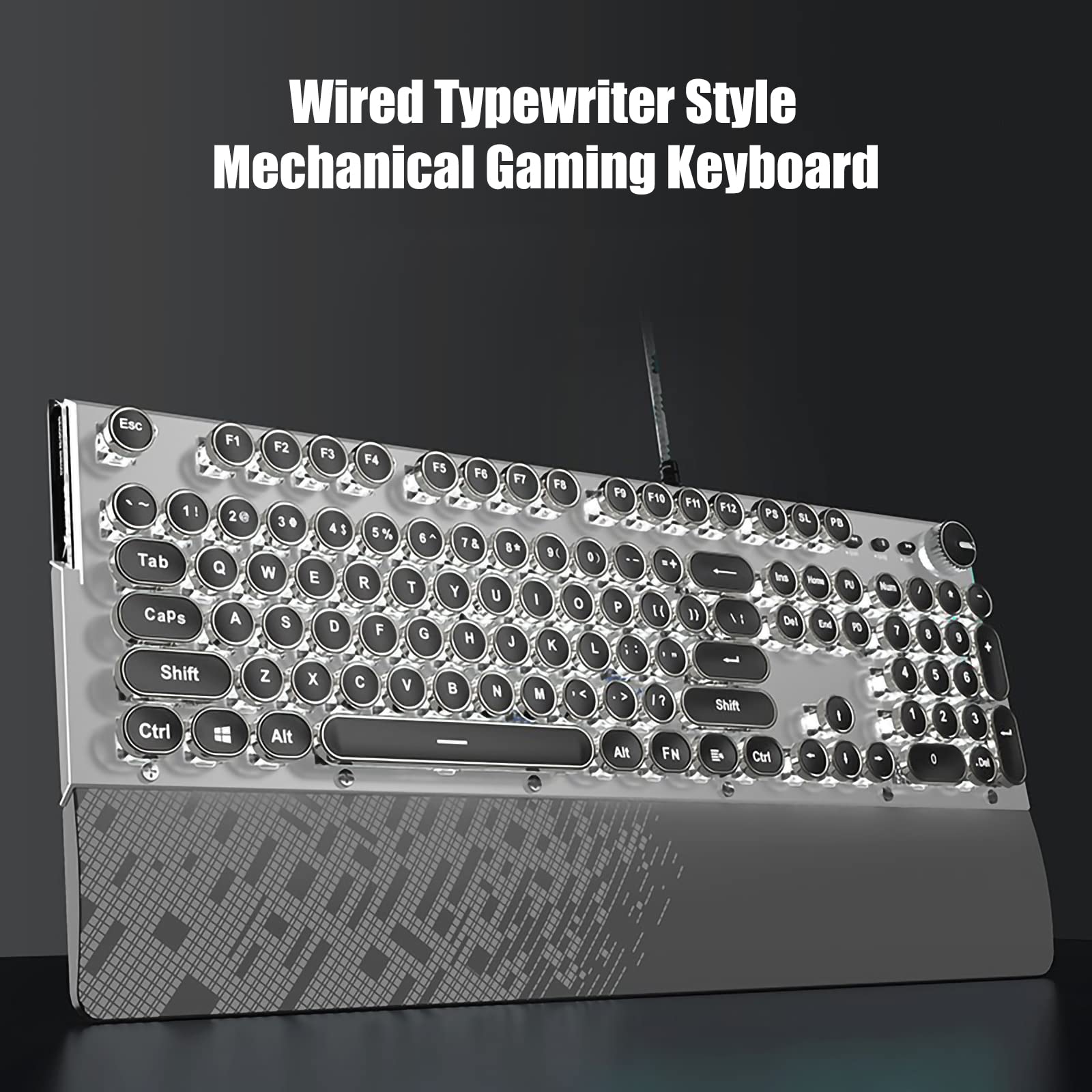 MYKYLIN Typewriter Keyboard Mechanical Gaming Keyboard White LED Backlit Removable Magnetic Wrist Rest Multifunction Knob 104-Key Anti-Ghosting Black Switch Retro Steampunk Round Keycaps Wired USB
