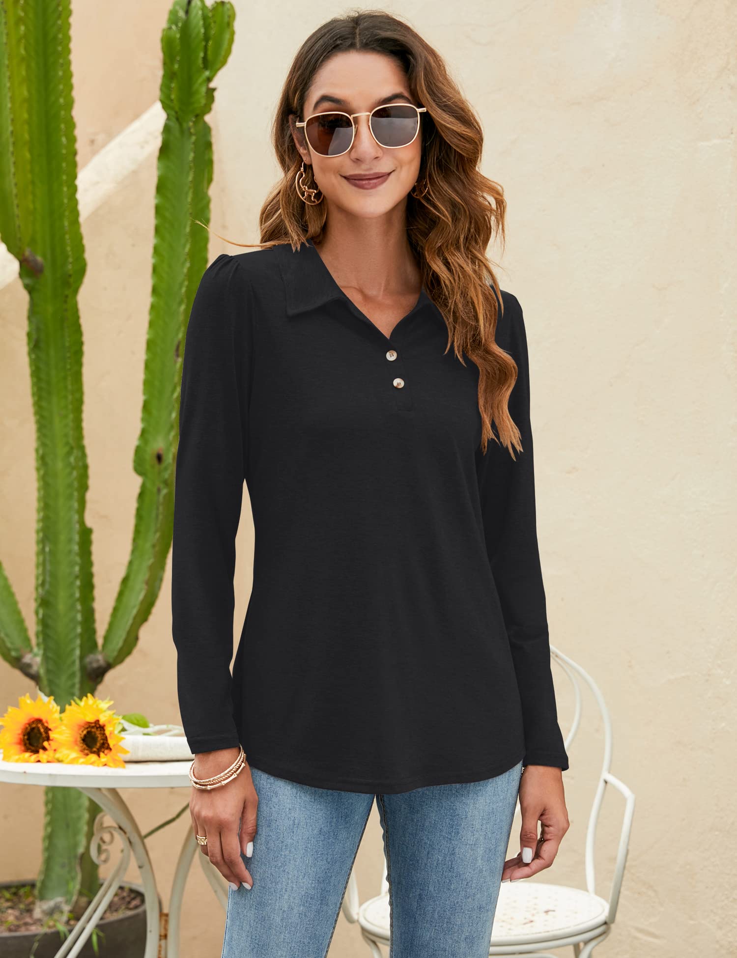 LOMON Women's Long Sleeve Polo Shirts and Blouses Business Casual Collared Tunic Shirt Black XL