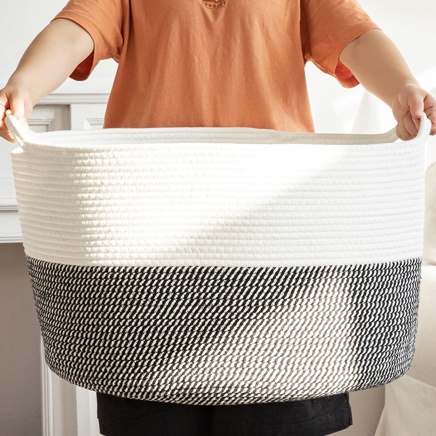 Laundry Baskets Woven Baskets for Storage Basket Wicker Blanket Basket Living Room Cotton Coiled Rope Hamper Nursery Storage for Kids Baby Dog Toy Extra Large 22" X 22" X 14", XXXL-Black