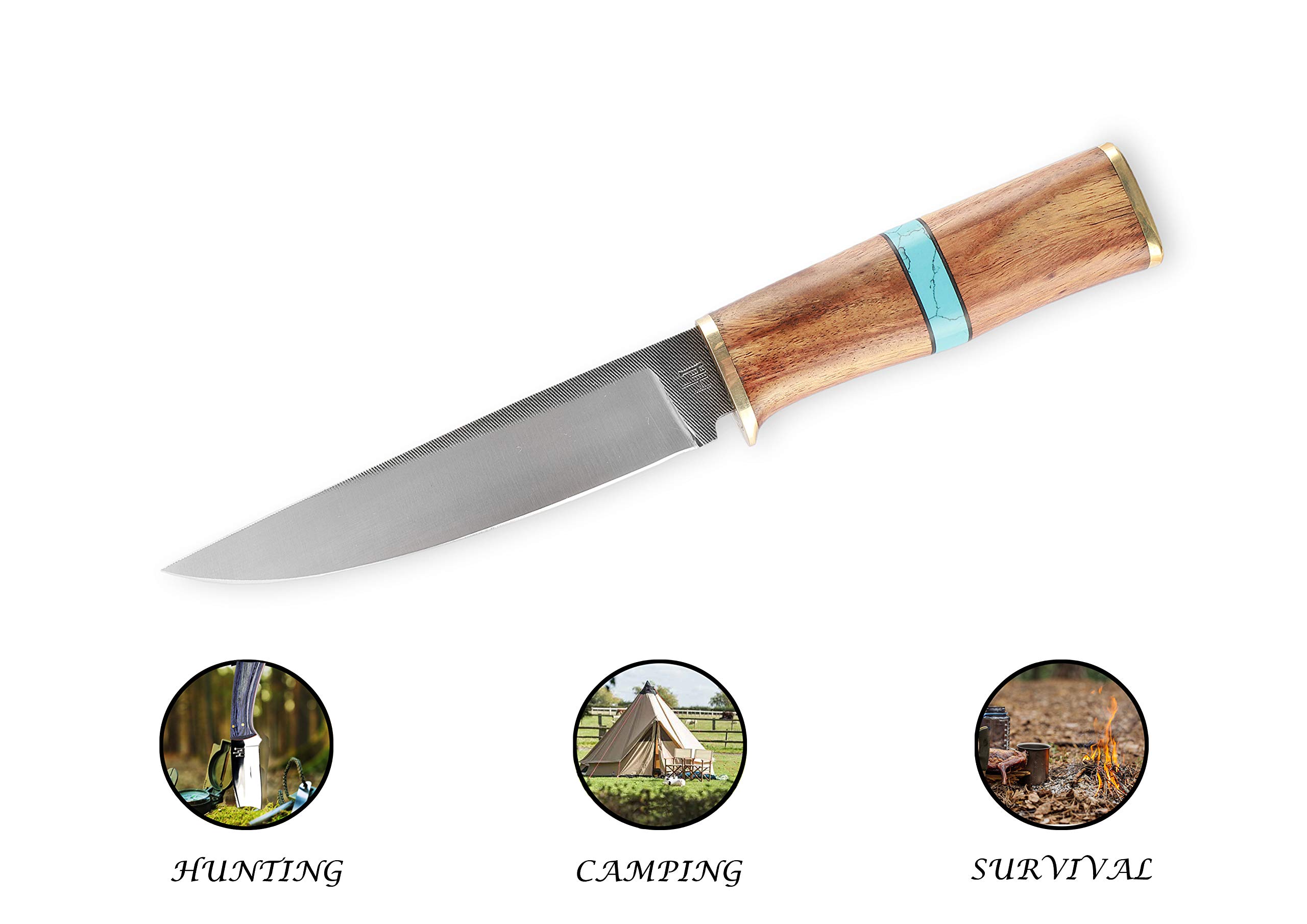 Hobby Hut HH-311, Custom Handmade 13 inches 1095 Steel Hunting Knife with Leather Sheath , Fixed Blade Survival Knife, Wood and Turquoise Handle, Designed for Hunting and Camping
