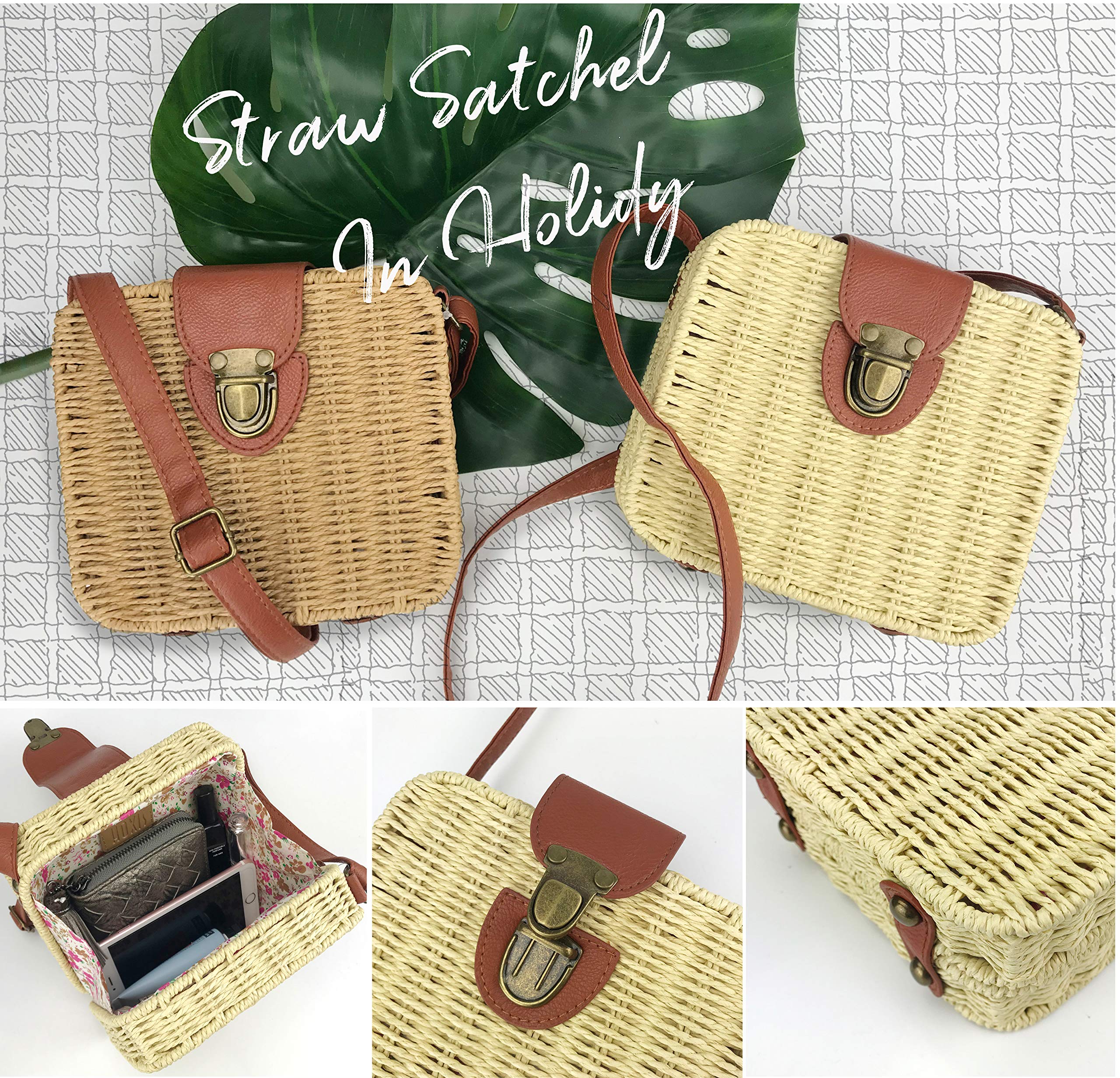 HOXIS Retro Straw Portable Small Case Womens Cross Body Bag Shoulder Messenger Satchel (Khaki)