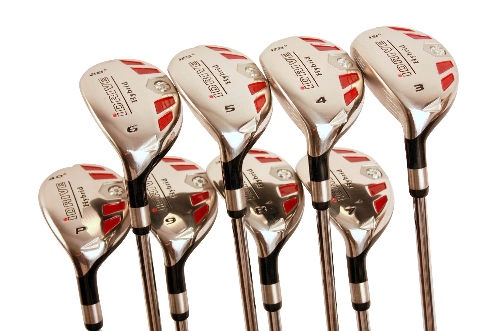 iDrive Hybrids Left Handed Senior Men’s Golf All Complete Full Set, which includes: #3, 4, 5, 6, 7, 8, 9, PW Senior Flex with Tacki-Mac Midsize Grips New Utility “A” Flex Clubs