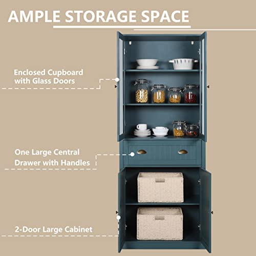VEIKOU Kitchen Pantry Cabinets, 72" Freestanding Kitchen Pantry Storage Cabinet with Large Drawer, Traditional Tall Pantry Cabinet Cupboard with Glass Doors & Adjustable Shelves, Dark Teal