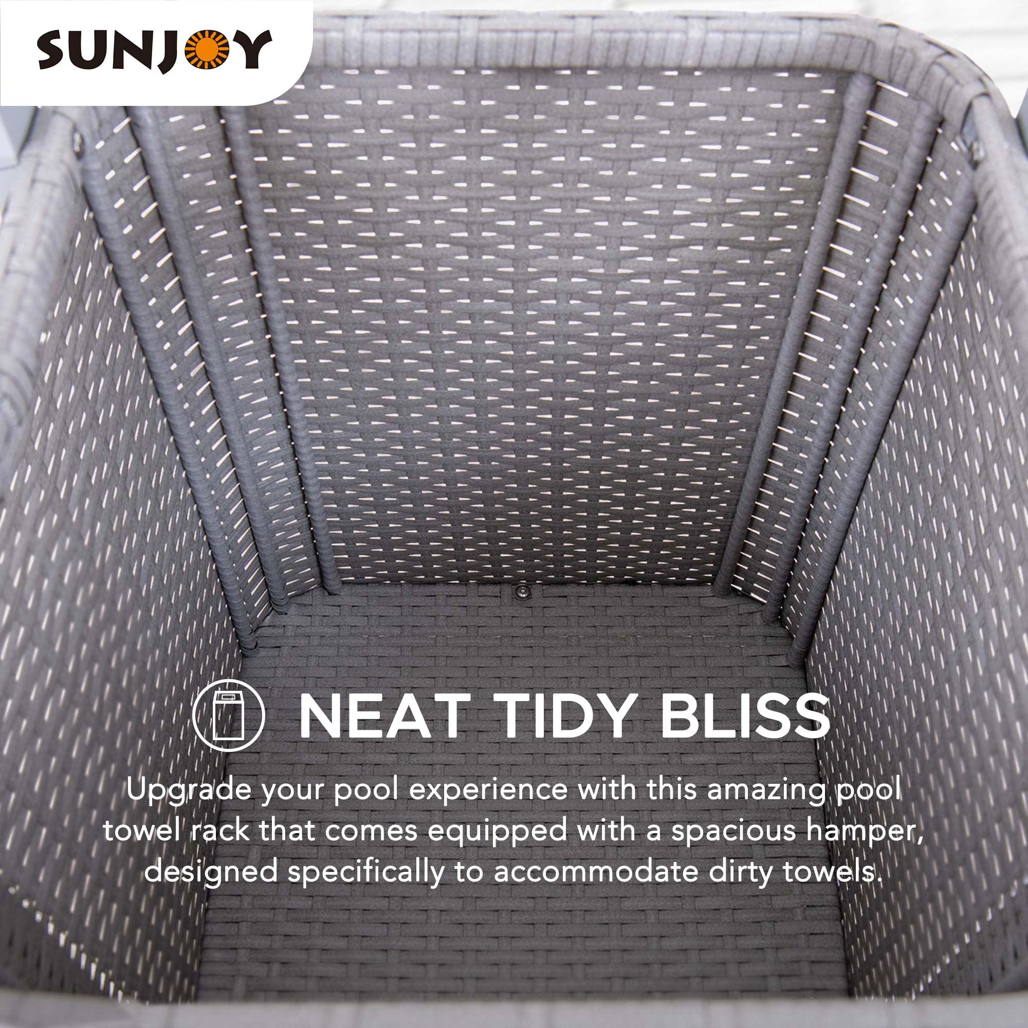 Sunjoy Aluminum Frame Pool Towel Valet Tower with 2-tier Shelves And A Large All-Weather Wicker Storage Basket for Dirty Towels, Grey