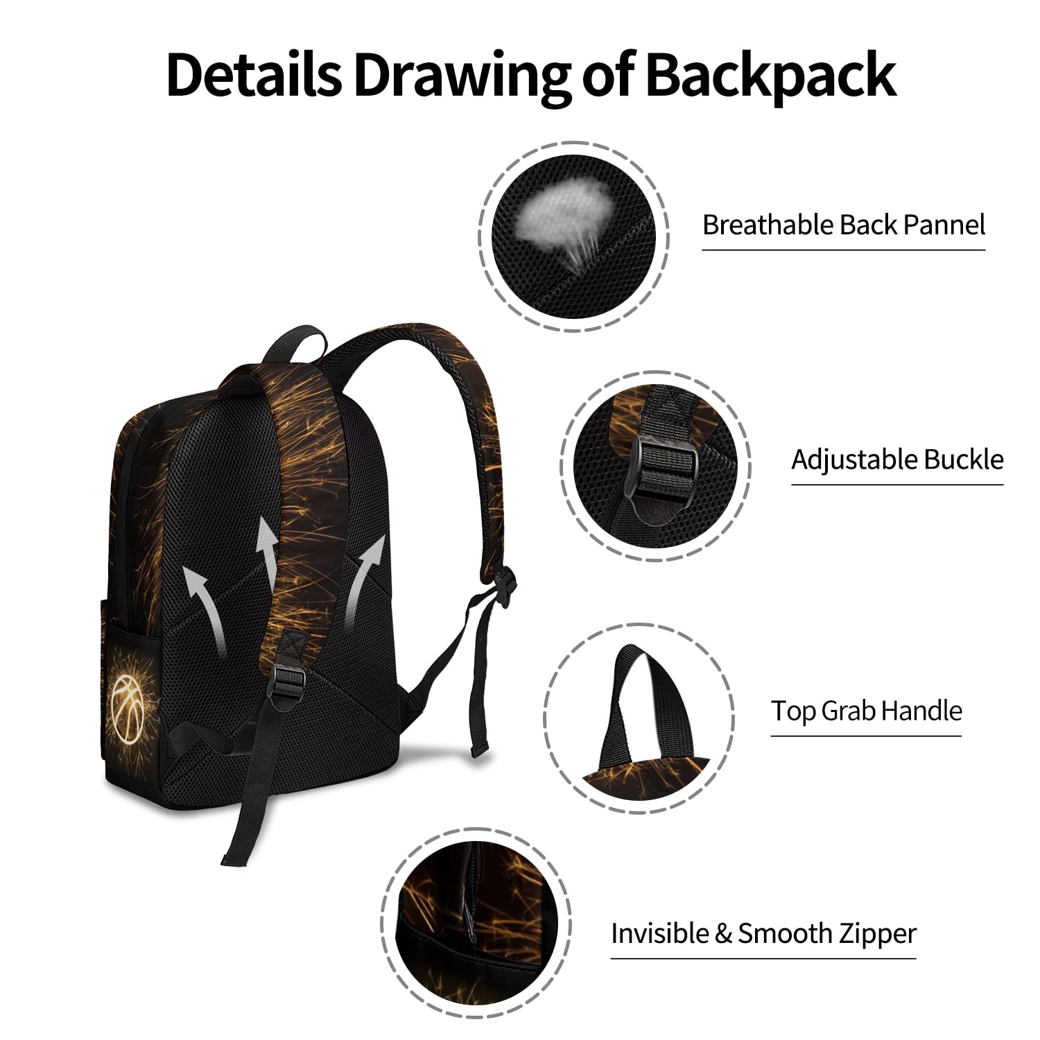 Gsobvpe Backpack for Boys & Girls, Lightweight 17 Inch Bookbag with Bottle Side Pockets for Picnic, Camping (BP-basketball)