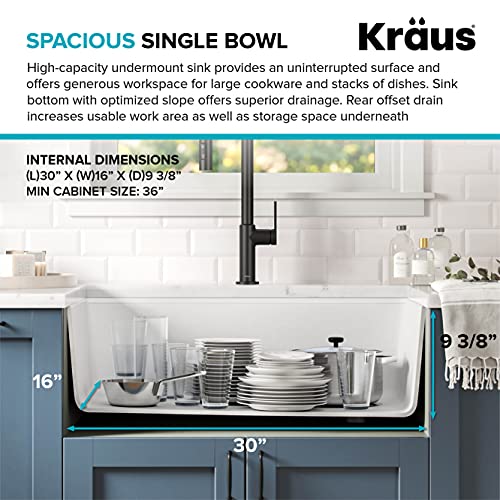 KRAUS Bellucci Workstation 32 in. Undermount Granite Composite Single Bowl Kitchen Sink in White with Accessories with WasteGuard™ Continuous Feed Garbage Disposal, KGUW1-33WH-100-75MB