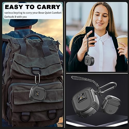 Secure Lock Bose QuietComfort Earbuds II Case(2022)&Bose QuietComfort Ultra Case (2023),WQNIDE Shockproof Protective Bose Earbuds 2 Case Cover for Bose QC II Accessories with Carabiner&Lanyard (Black)