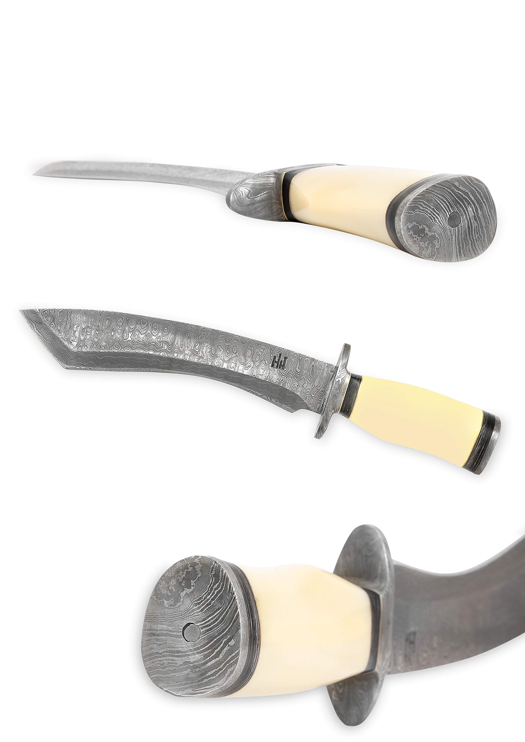 Hobby Hut HH-201, Custom Handmade 14 inch Damascus Steel Hunting Knife - Tantoo Blade - Camel Bone Handle - Leather Sheath