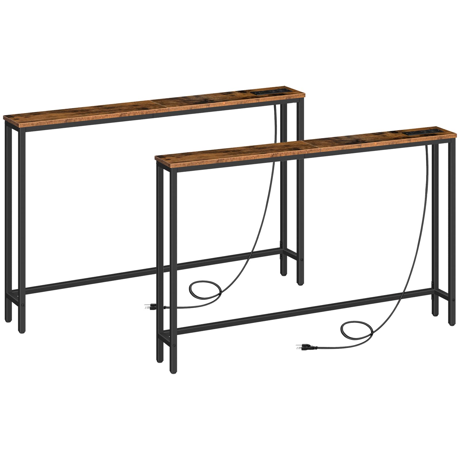 HOOBRO 2 Pack 39.4" Console Table with Power Outlets and USB Ports, Narrow Entryway Table with Charging Station, Behind Couch Table, Hallway, Living Room, Bedroom, Rustic Brown and Black BF51UXGP201