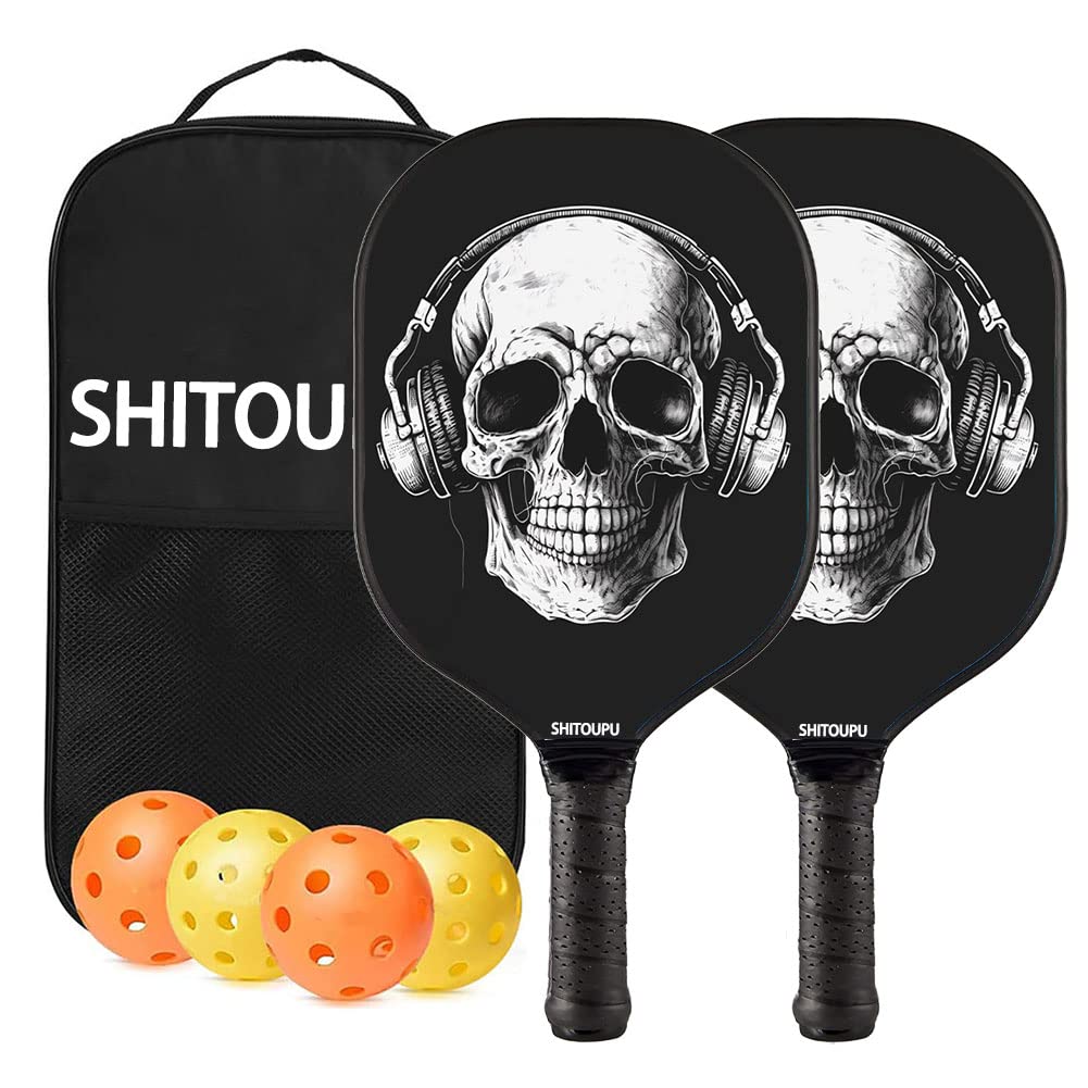 Musical Skull Pickleball Paddles,Pickleball Paddle Set with 2 Paddles and 4 Pickle Balls and Portable Pickle Ball Bag