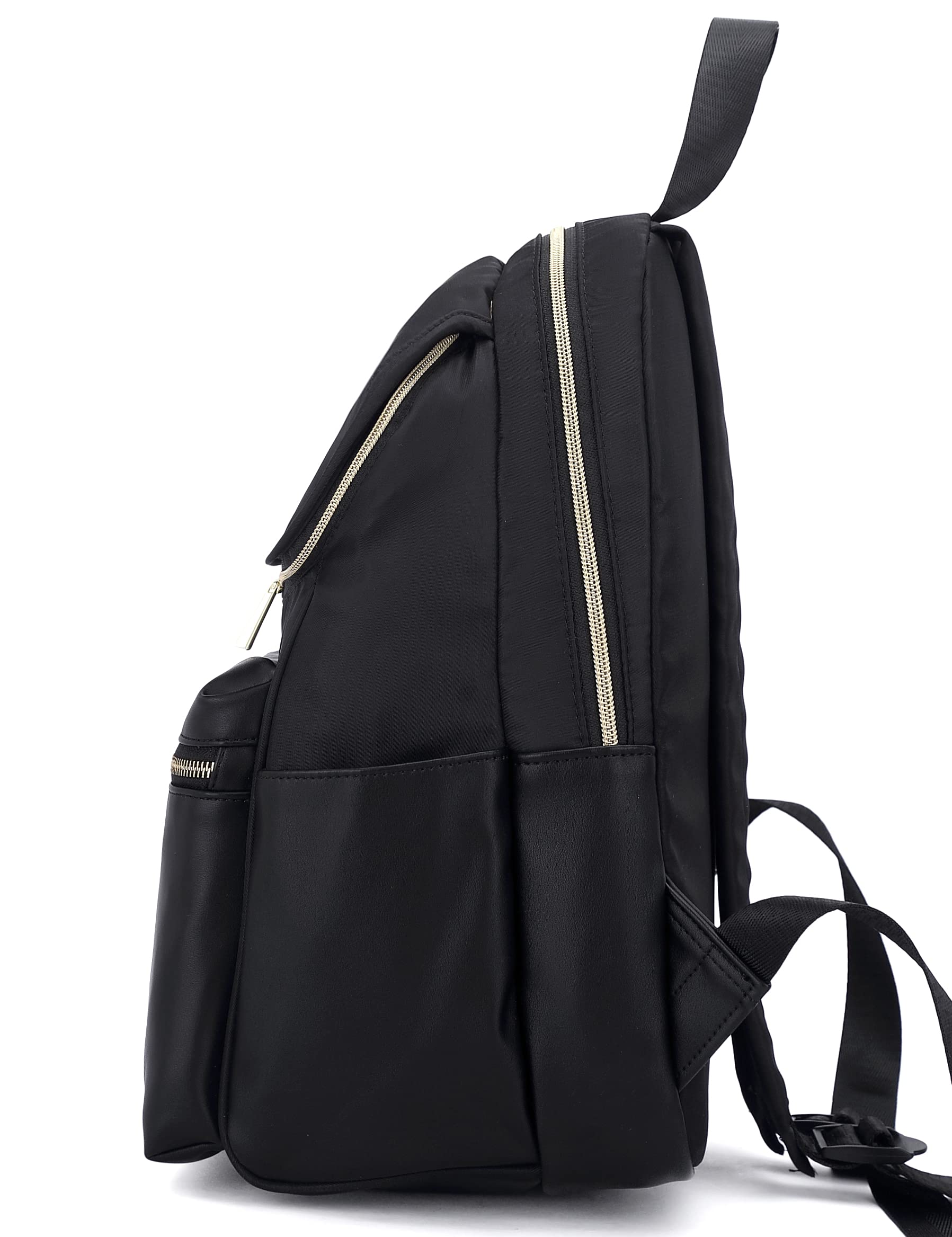 Kah&Kee Backpack for Women Fashion Waterproof School Bag Multiple Compartments 10 Pockets Fake-Leather Nylon Stitching (Black)