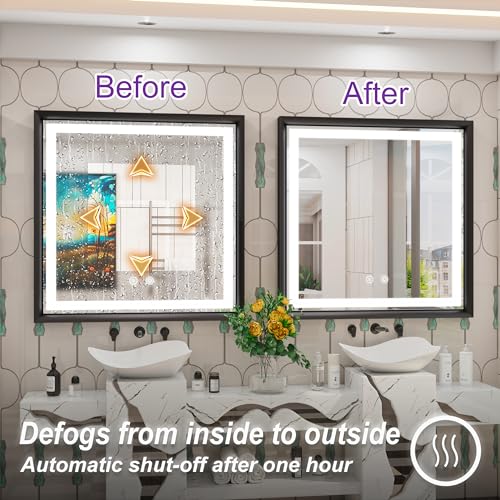 JSneijder 32x32 Inch LED Bathroom Mirror with Lights - Black Frame Lighted Mirror for Bathroom - Wall Mounted Dimmable Anti-Fog LED Vanity Mirror - Horizontal/Vertical, 6000K