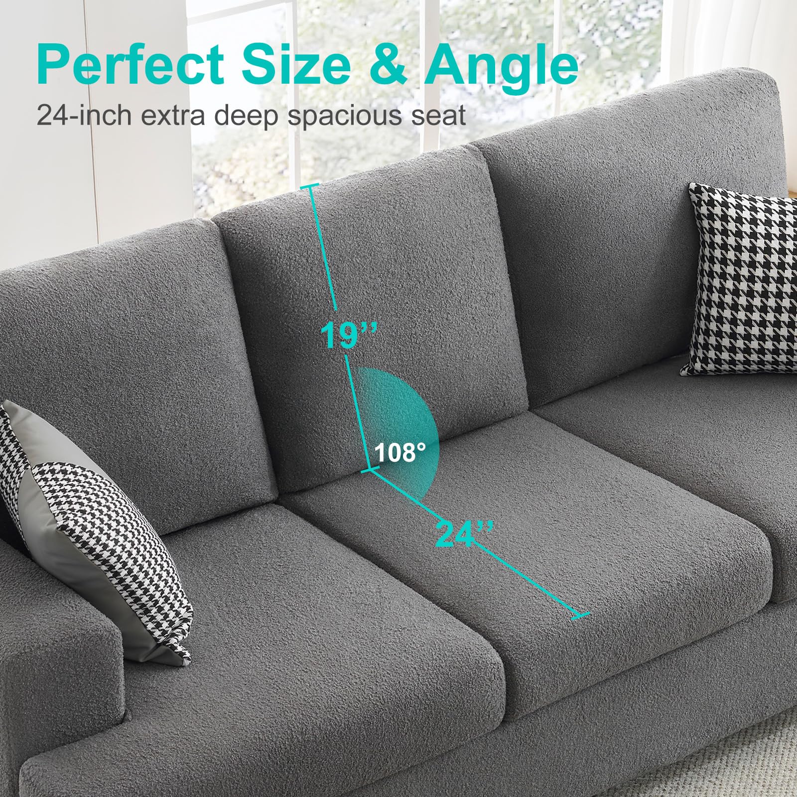 SENYUN 3-Seater Sofa Couch,Comfy Couch with Upholstered Cushions & Square Armrest,Modern Sofa with Deep Seats, Bouclé Home Sofa Couches for Living Room,Apartment,Bedroom,Office(Grey)