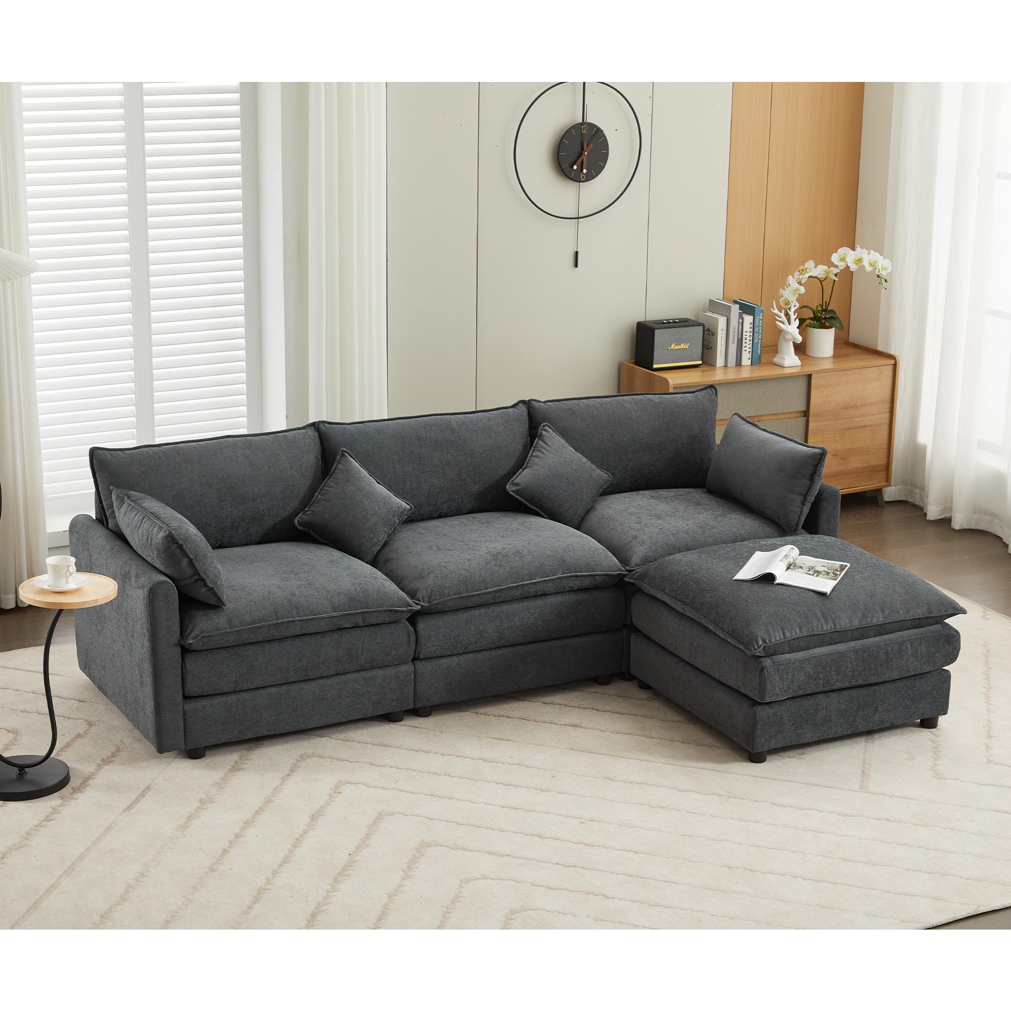Tmsan 101.18" Modular Sectional Sofa Couch for Living Room, Modern L Shaped Cloud Couch Set with 2 Pillows, 4 Seater Chenille Sofa with Convertible Ottoman for Apartment Office