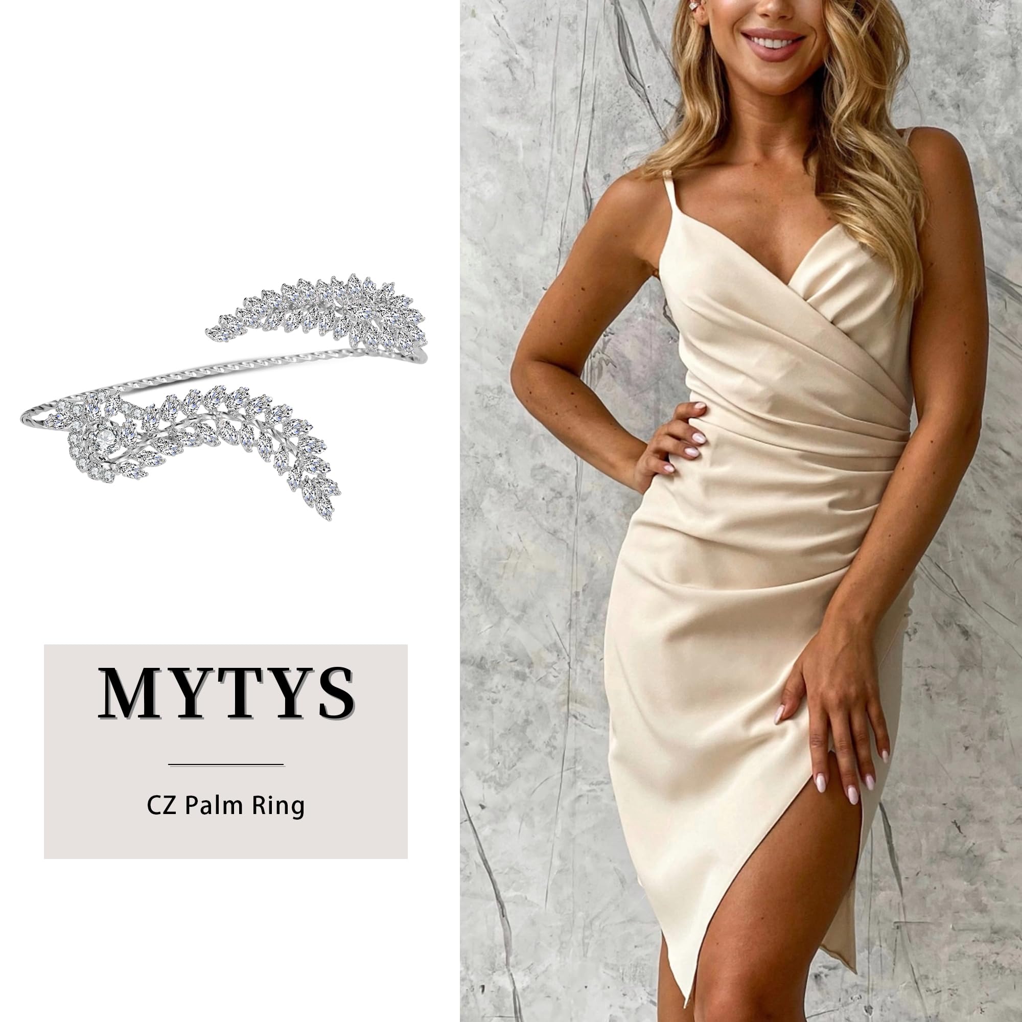 Mytys Silver Adjustable Palm Rings for Women-Cubic Zirconia Open Hand Palm Bracelet Ring-Full CZ Multiple Finger Ring (Eternity Branch Silver)