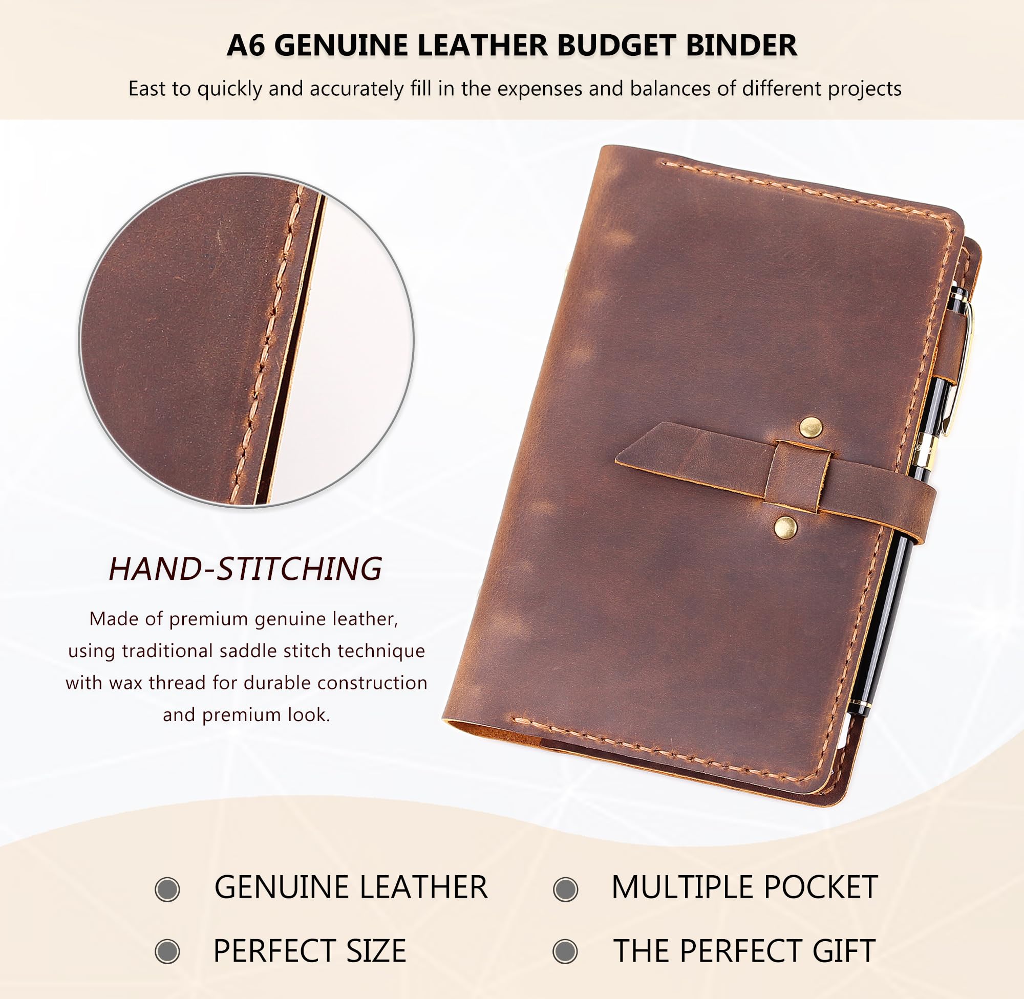 Leather Binder Budget with Cash Envelopes, Handmade Leather A6 Binder for Money Saving Planner, Cash Envelopes for Budgeting, Money Organizer for Cash - Brown
