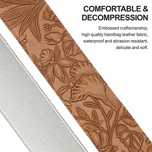 Nefelibata Guitar Strap with Pick Pocket,2.3 inch Porter Style Vegan Leather Carving Guitar Straps,60s Vintage Style(Brown Yellow)