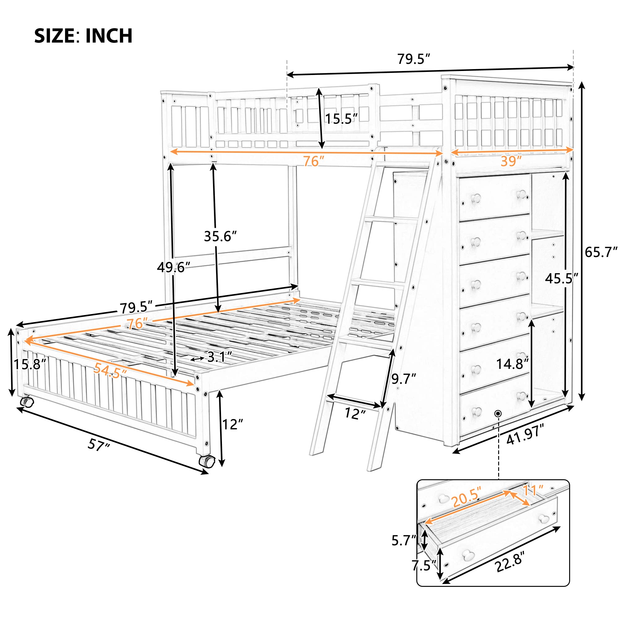 Harper & Bright Designs Twin Over Full Bunk Bed with 6 Storage Drawers and 3 Shelves, Wood Twin Loft Bed with Movable Lower Bed, No Box Spring Needed(Gray, Bottom Bed with Wheels)