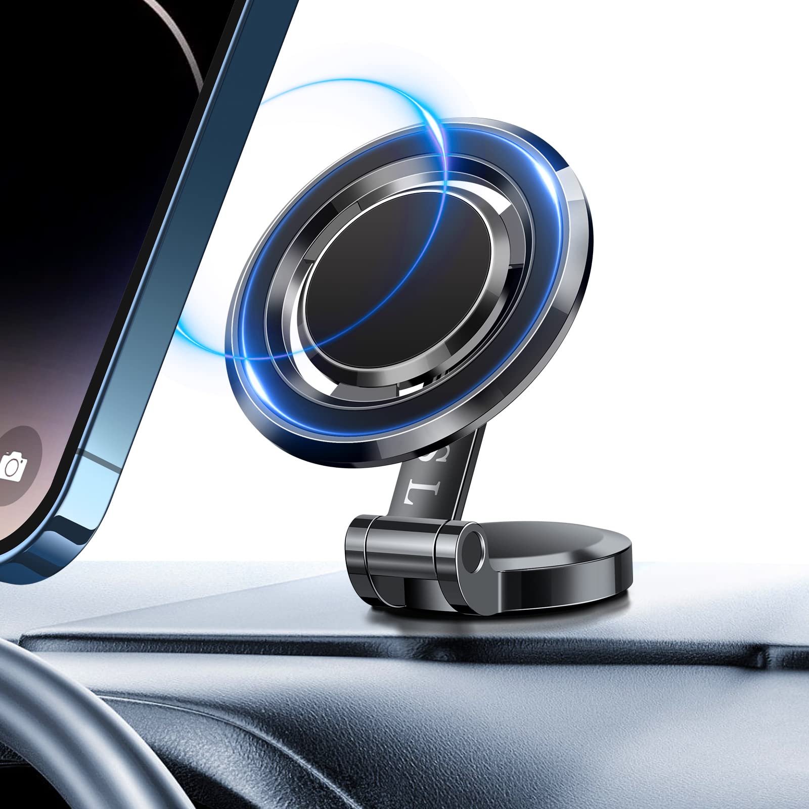 JTRSL for Foldable Magsafe car Mount - 360° Base Rotating Car Dashboard Magnetic Cell Phone Holder, Powerful Magnet Car Phone Holder, Compatible with All Smartphones-MagSafe Car Accessories