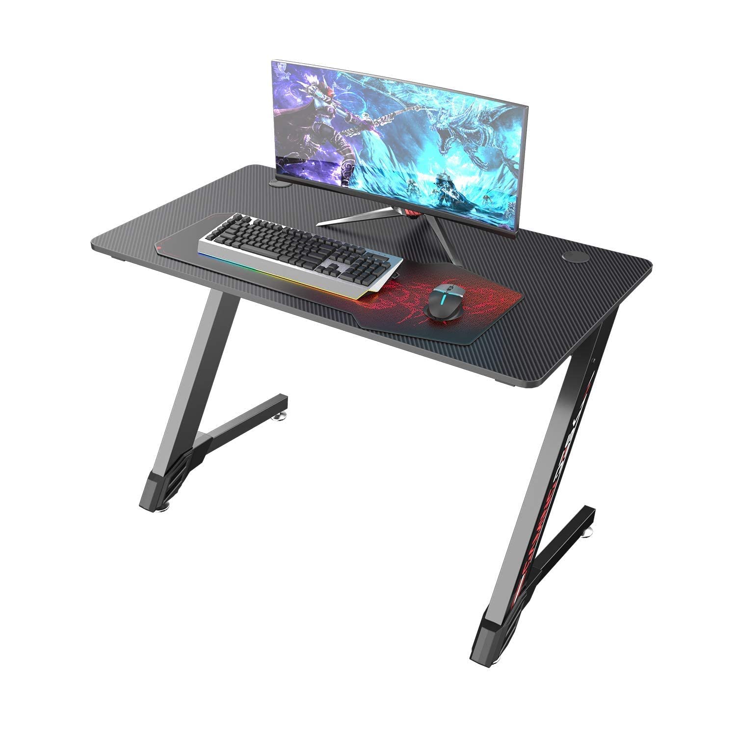 It's_Organized Gaming Desk 43 Inch Computer Desk Gaming Table Z Shaped PC Gaming Workstation Home Office Desk with Large Mouse Pad Carbon Fiber Surface,Black