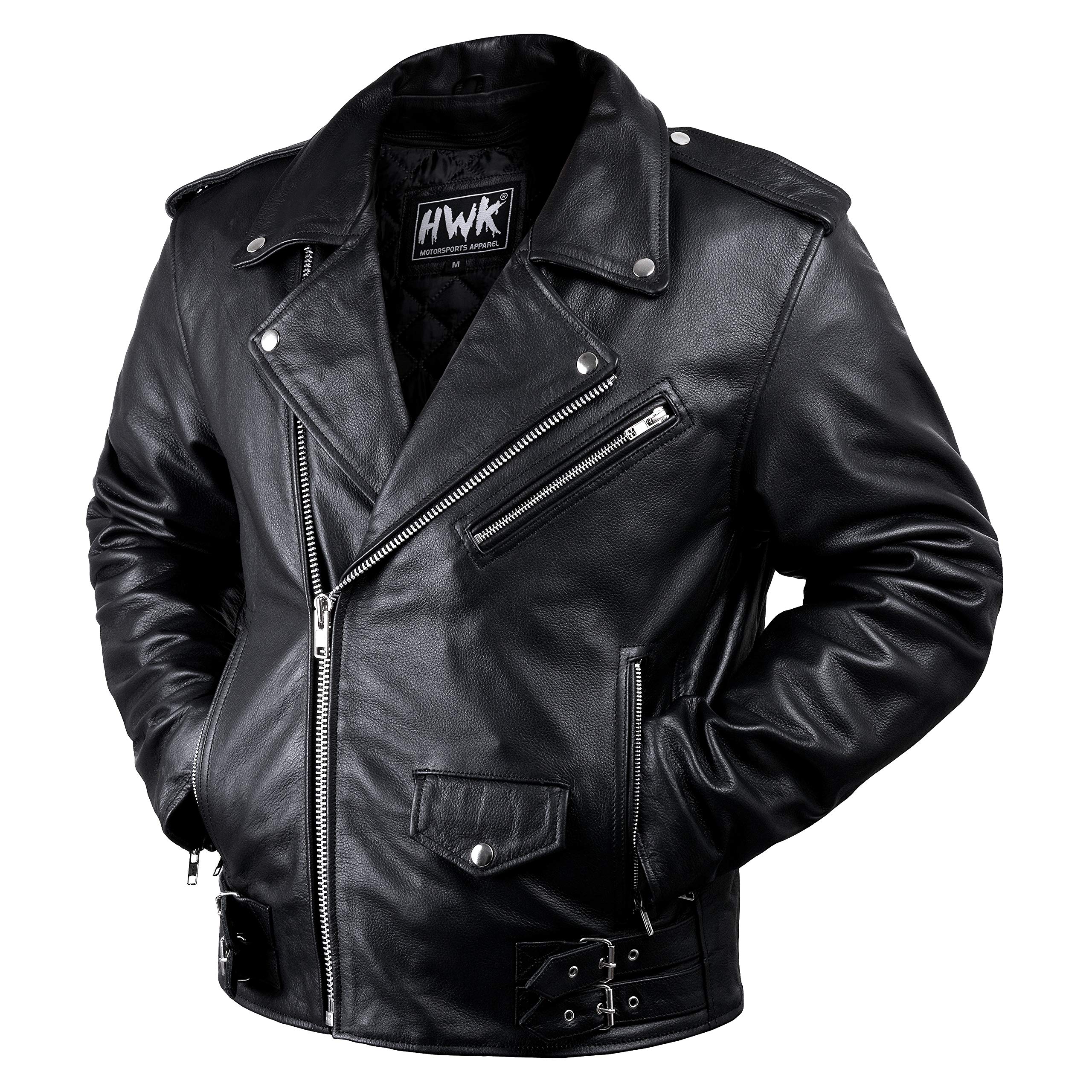 HWK Brando Leather Motorcycle Jacket for Men, Genuine Black Leather Jacket with Removable CE Armor & Micro Polyester Thermal Lining for Weather & Water Resistant Enduro Motorbike Riding - XX Large