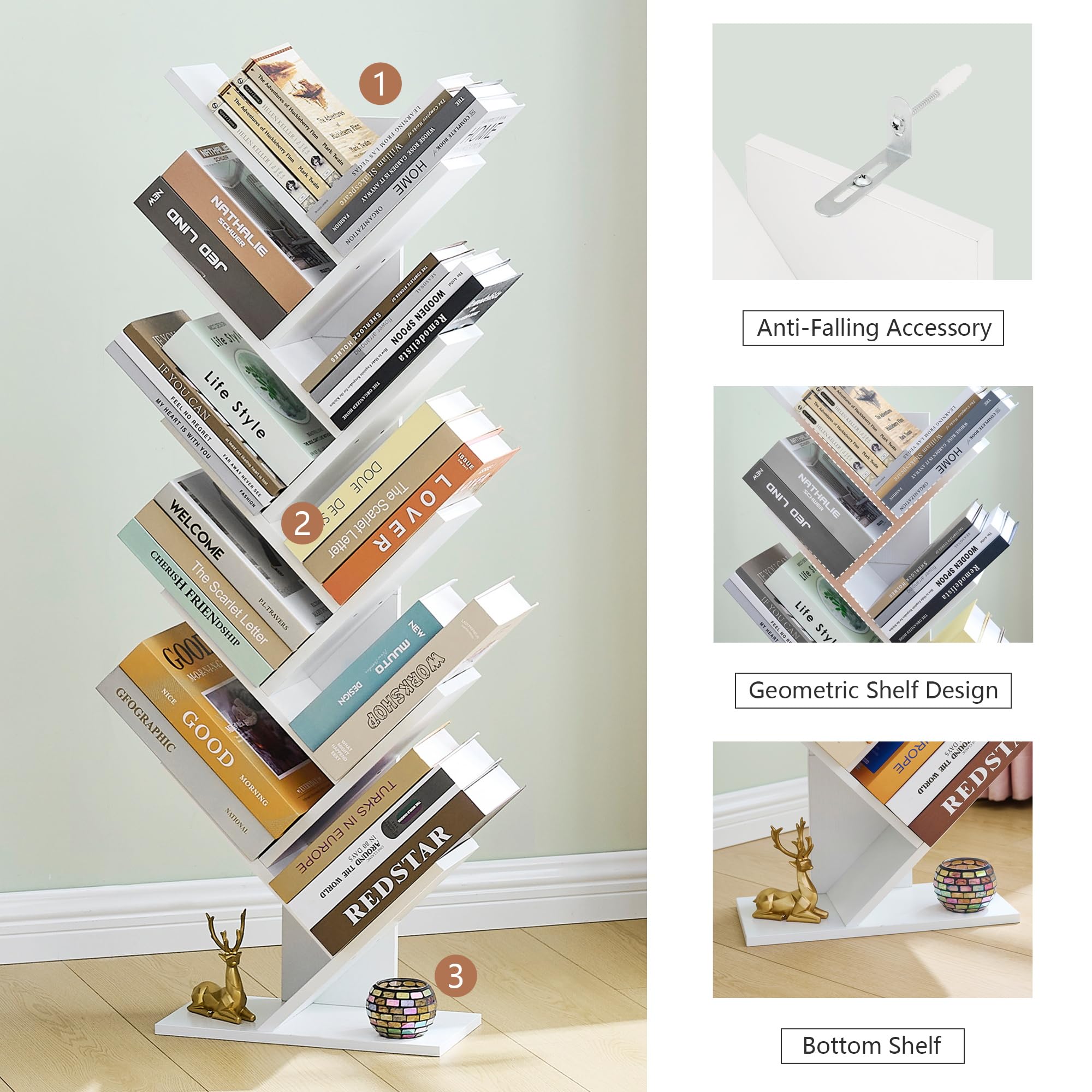 Hoctieon 10 Tier Tree Bookshelf, 10 Shelf Bookcase, Free Standing Tree Bookcase, Display Floor Standing Shelf for Books, Book Shelf Organizer, White