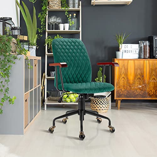 Velvet Home Office Desk Chair with Wooden Armrests, Adjustable Swivel Vintage Mid-Back Leisure Chair with Padded Seat, Task Chair Upholstered Computer Chair for Work Study (Green)