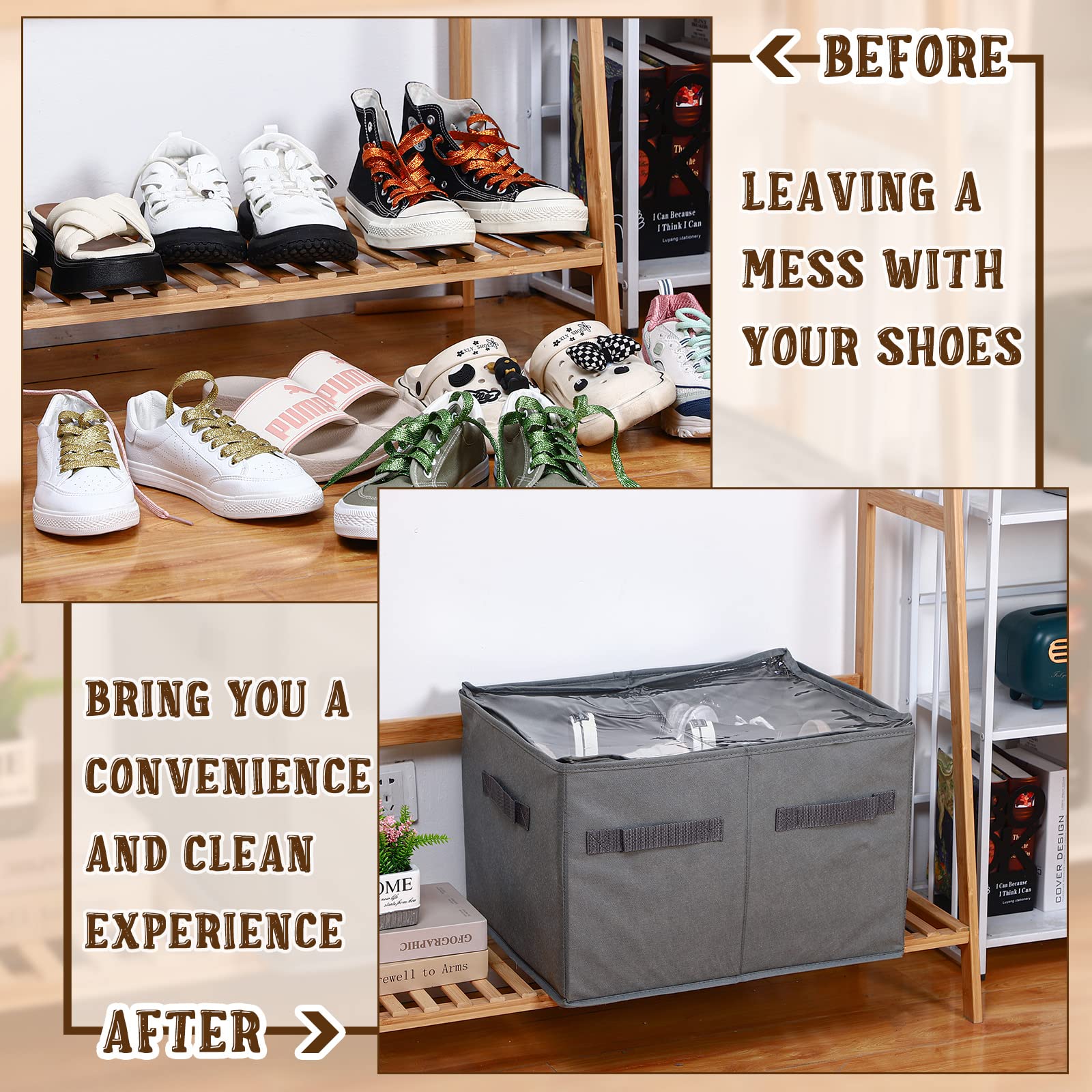 Irenare 2 Pcs Shoe Organizer for Closet Large Shoe Box Fits Total 24 Pairs Storage Containers Gray Boot Storage Shoe Bin for Entryway with Adjustable Dividers Clear Cover Handles
