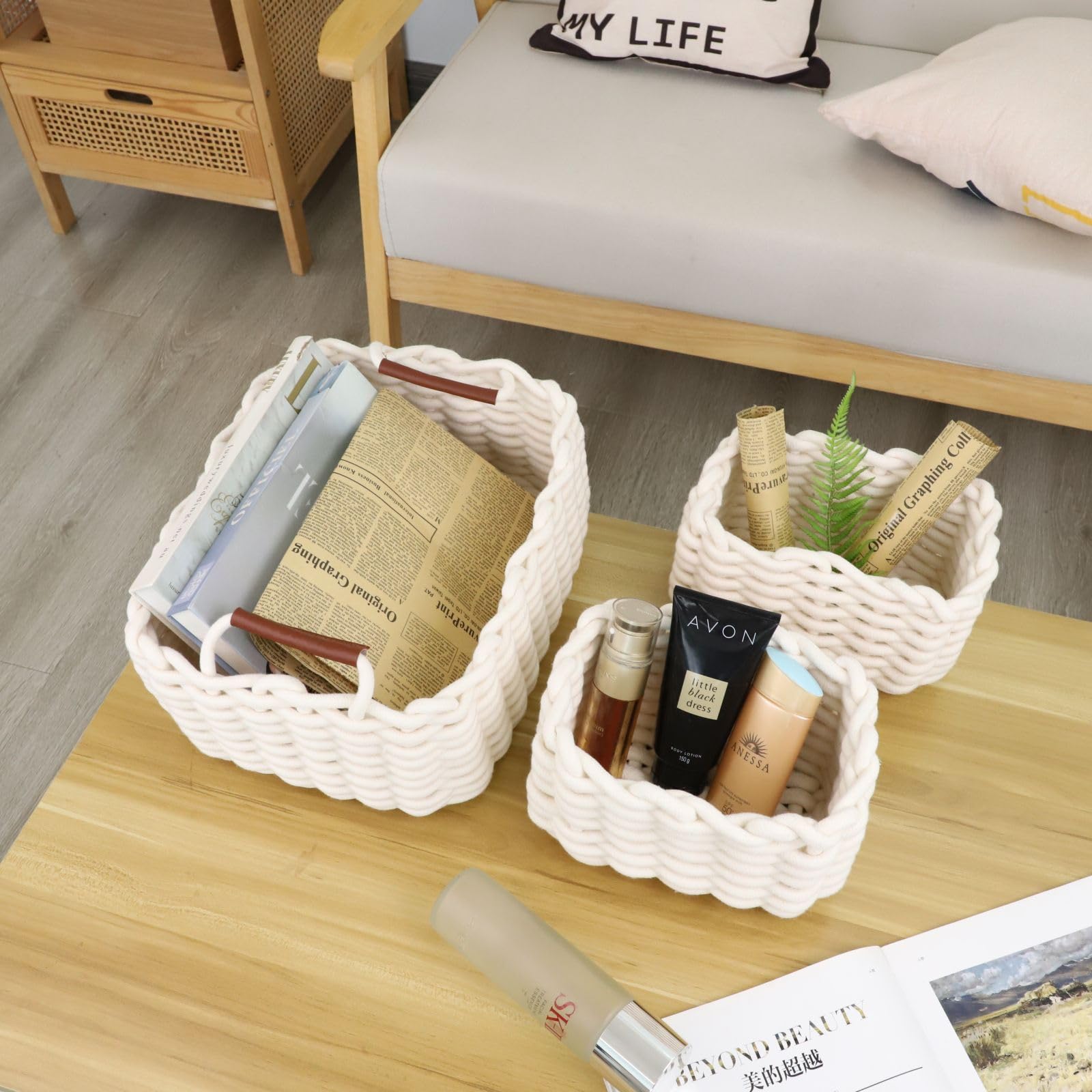 JJSQYLAN Cotton Rope Blanket Storage Basket for shelf,small decorative woven basket Organization and storage for Candy Food Nursery Baby Clothes Towels Diaper Caddy Books (Set of 3, White)