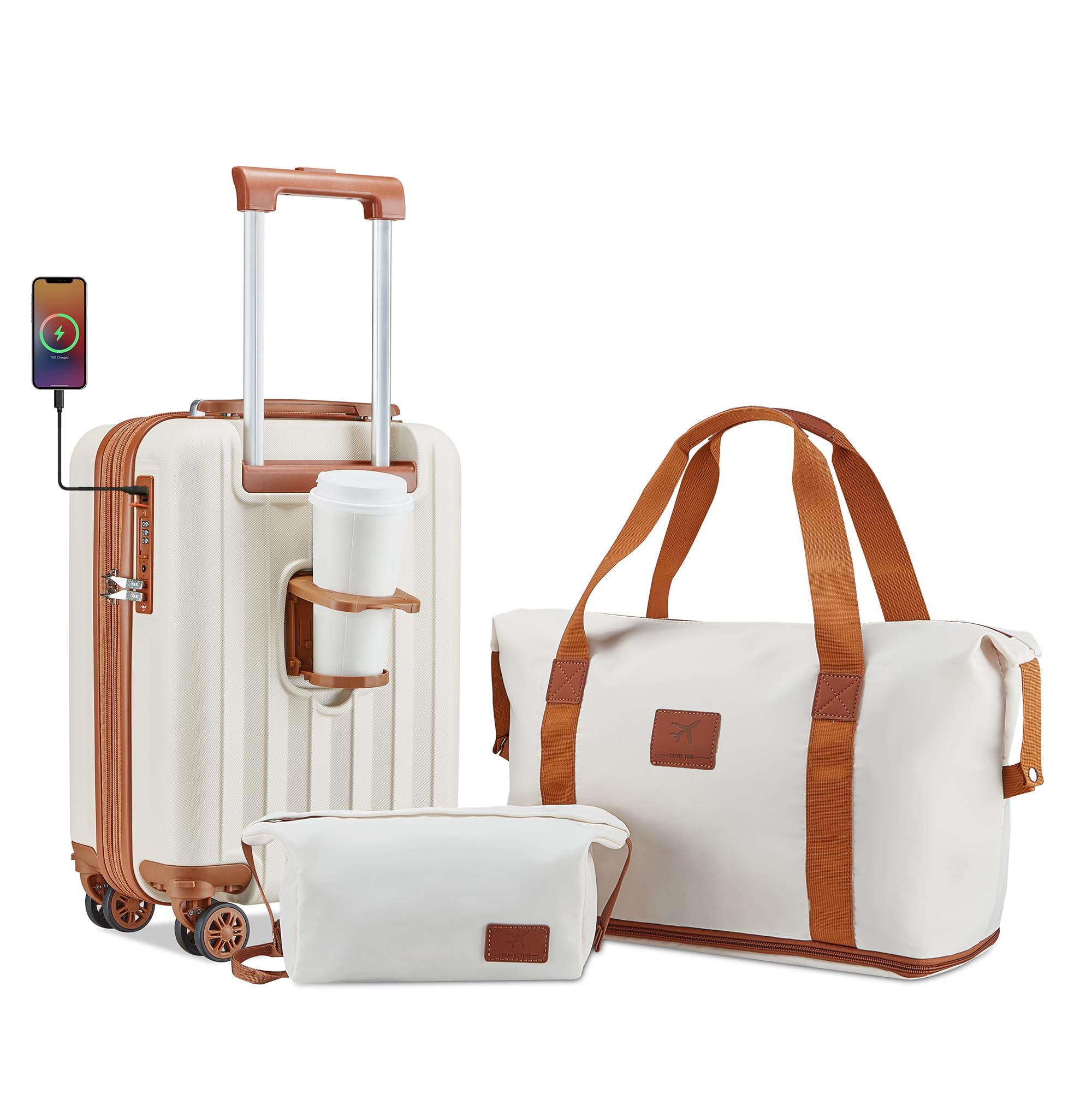 imiomo Carry on Luggage 18 Inch Suitcases with Wheels, Expandable Carry on Suitcase with USB Port and Cup Holder, Hardside Travel Luggage Set with TSA Lock, White Brown