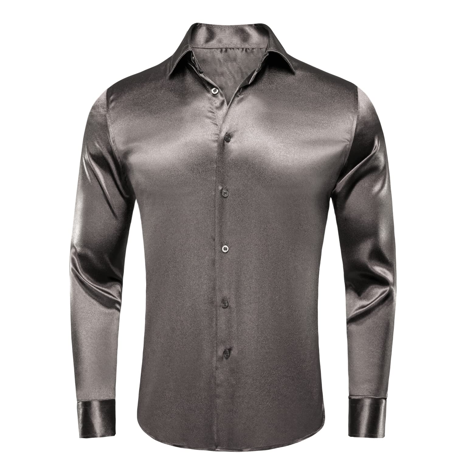 Hi-Tie Men's Solid Grey Long Sleeve Mint Green Dress Shirt Satin Silk Like Regular Fit Casual Button Down Shirts Party Prom