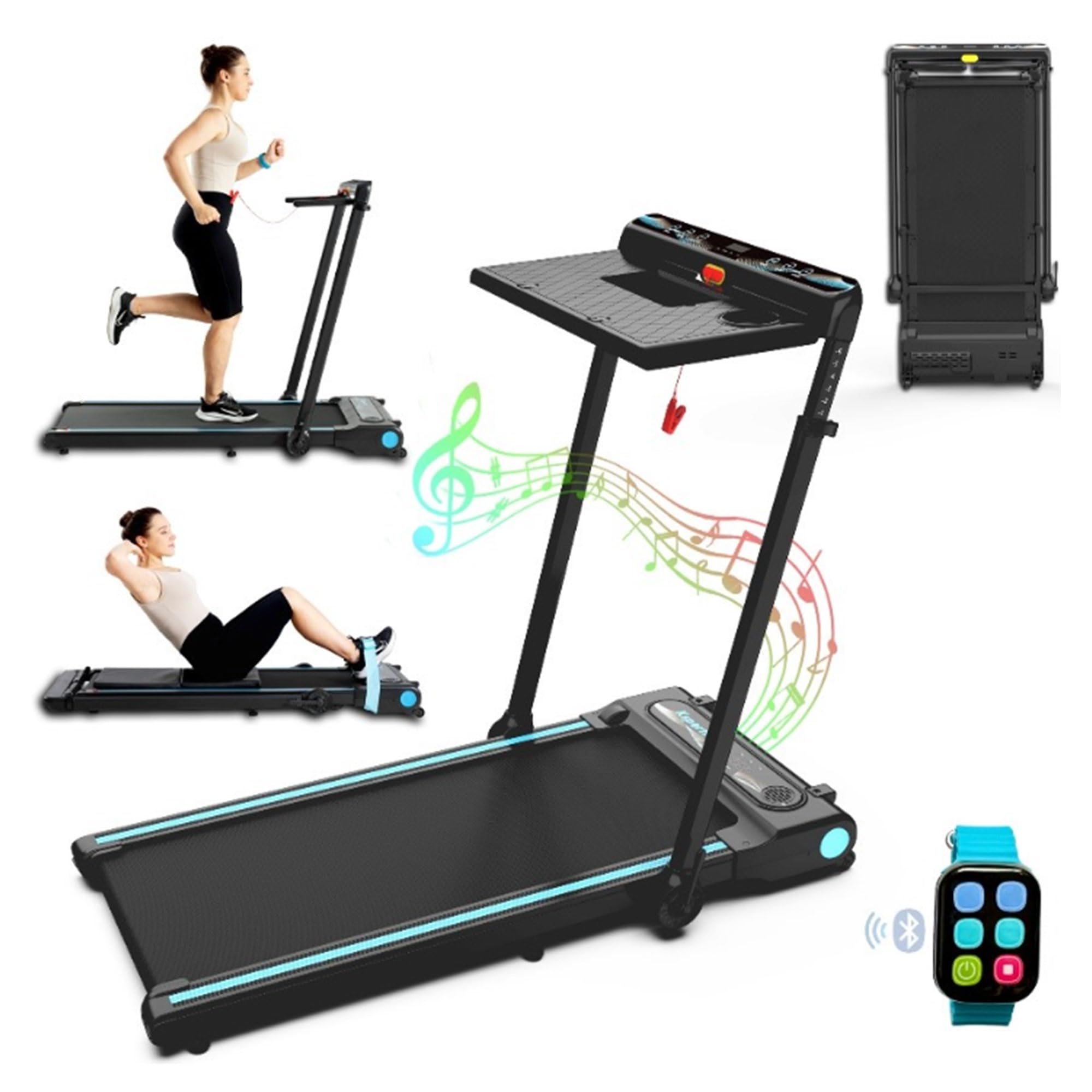 Ksports 3 in 1 Folding Treadmill, 2.25hp Under Desk Treadmill, Walking Pad, Installation-Free, Bluetooth Speaker, Fitshow, Kinomap & Others, 2 LED Displays, Walking, Running, Sit Ups for Home Office…
