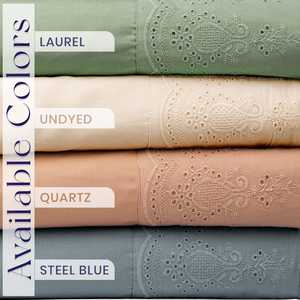 Linenscape Queen Sheet Set 100% Organic Cotton Lace, 4 Piece Bedding for Home and Hotel, GOTS Certified, 17 inches Deep Pocket, 300 Thread Count, Softer and Smoother, Percale Weave (Queen, Laurel)