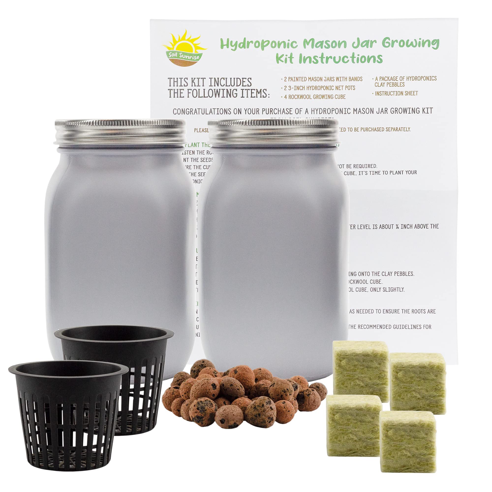 Hydroponic Mason Jar Starter Kit (10-Piece Set); w/Painted Mason Jars, Net Pots, Rockwool, Clay Pebbles and Instructions