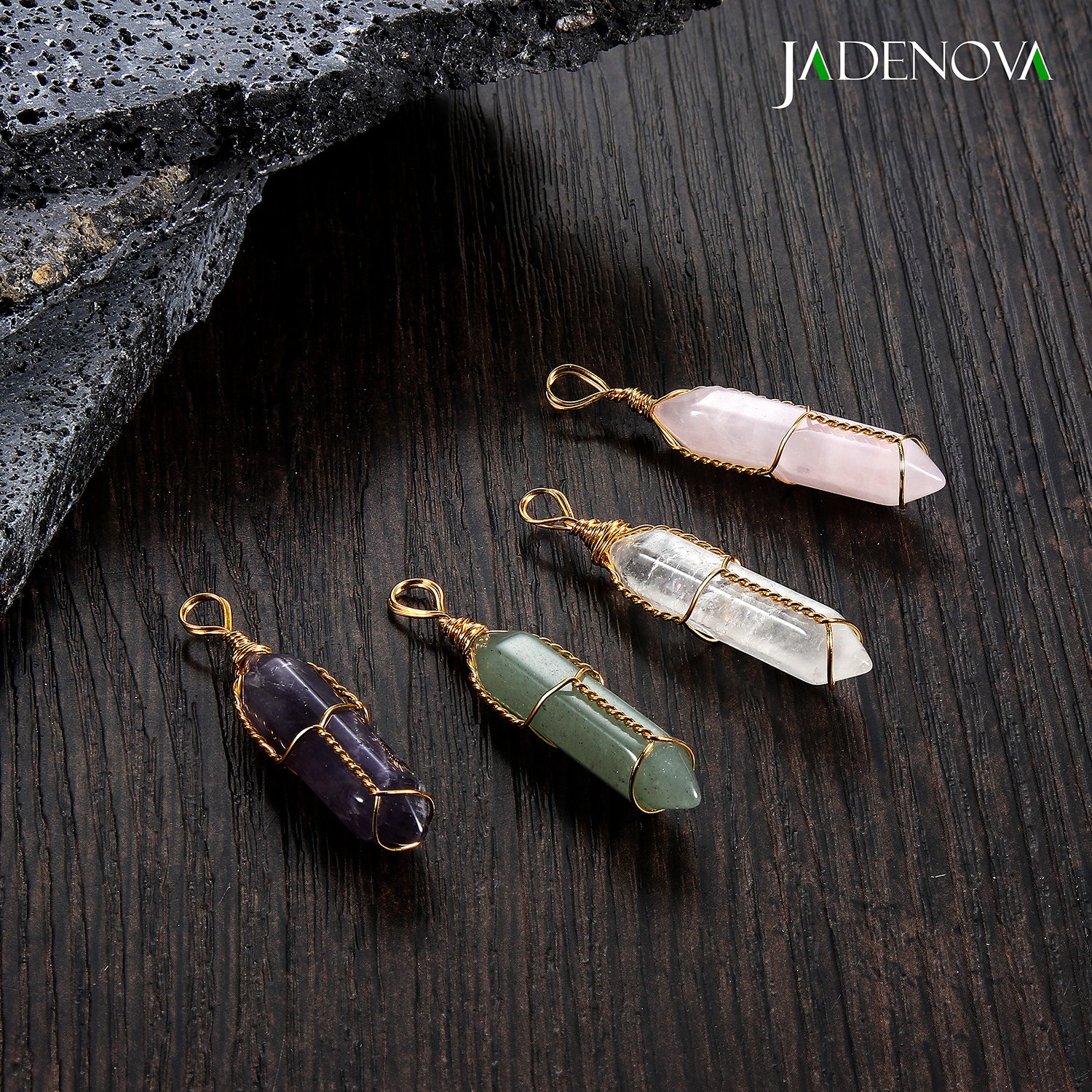 JADENOVA Full Wire Wrapped Energy Healing Crystal Gemstone Pendant Necklace 18 Inches Stainless Steel Chain(Natural Clear White Quartz)