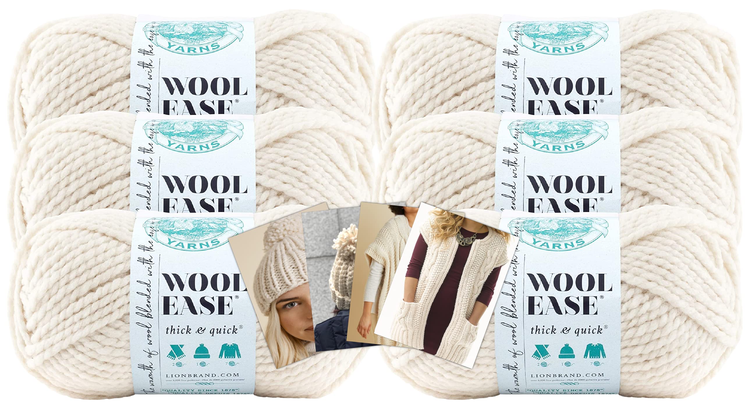 Lion Brand Wool-Ease Thick and Quick Yarn-6 Pack with Pattern Cards in Color-640-099 (Fisherman),Natural cream