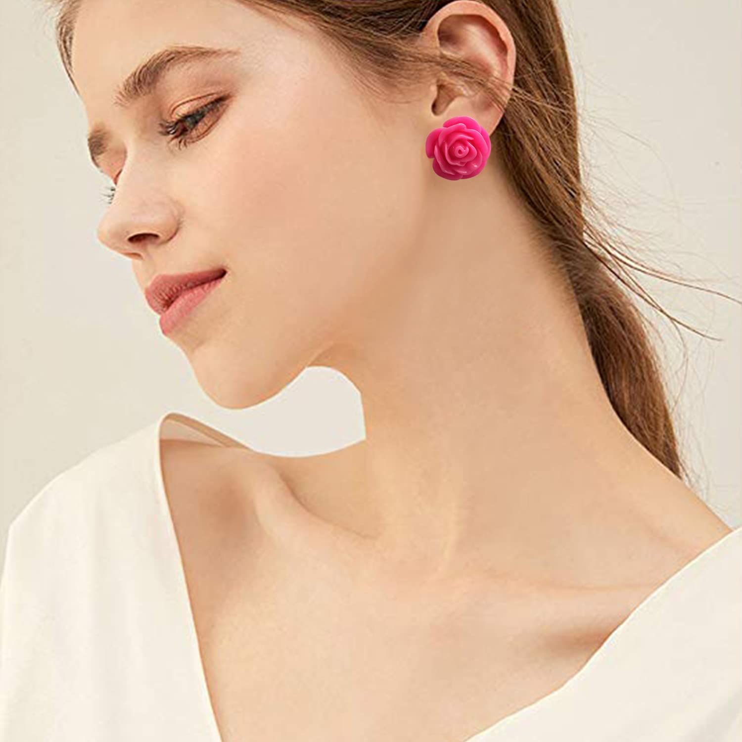 Just Follow 6 Pairs Assorted Colors Resin Rose Flower Earring Studs Set Stainless Steel Post (Yellow+Pink+Green+Purple+White+Red)
