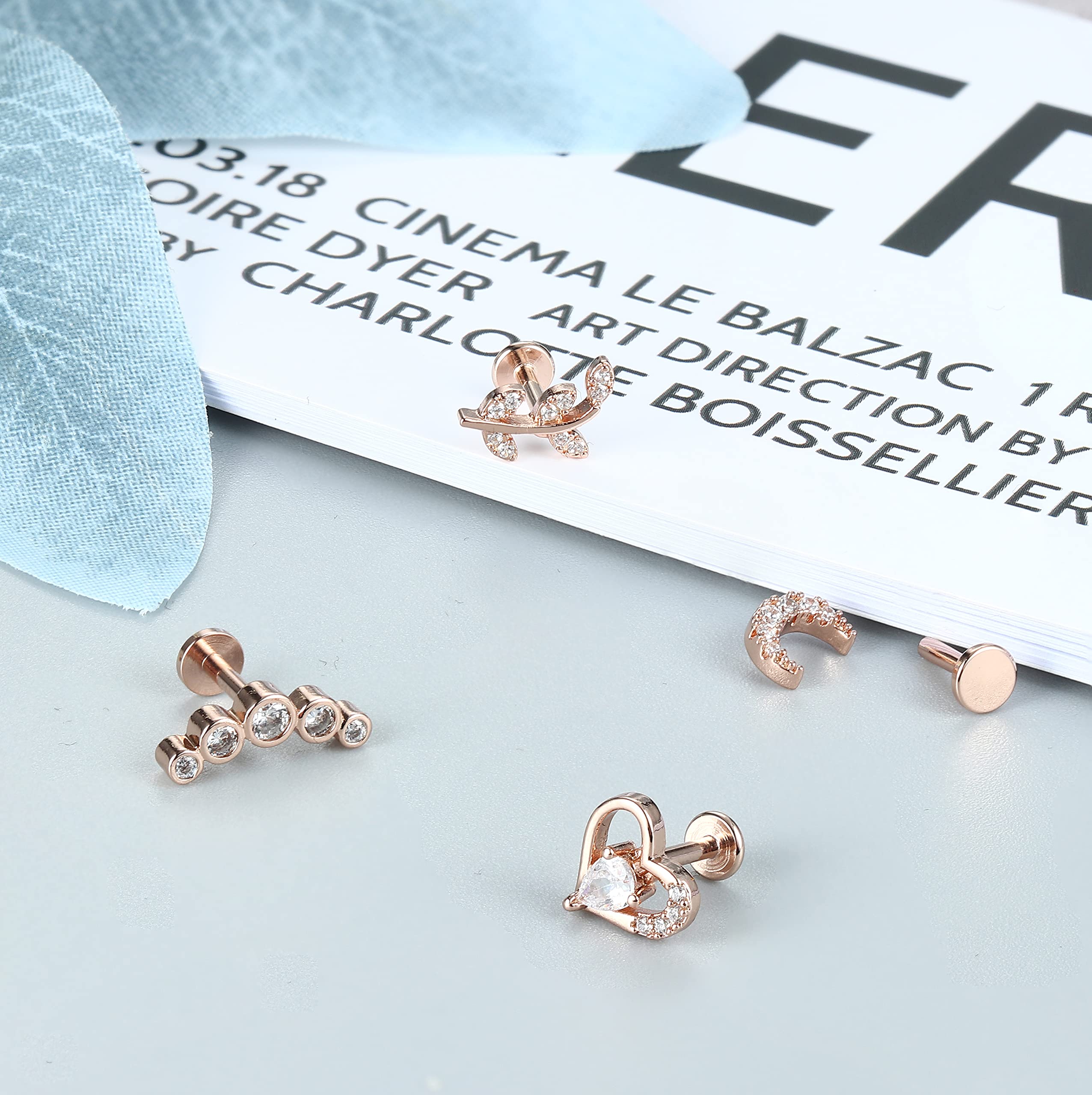 Jstyle 6Pcs Cartilage Earrings Stud Internally Threaded CZ Moon Heart Leaf Helix Tragus Conch Labret Monroe Lip Piercing Jewelry 16G RG6