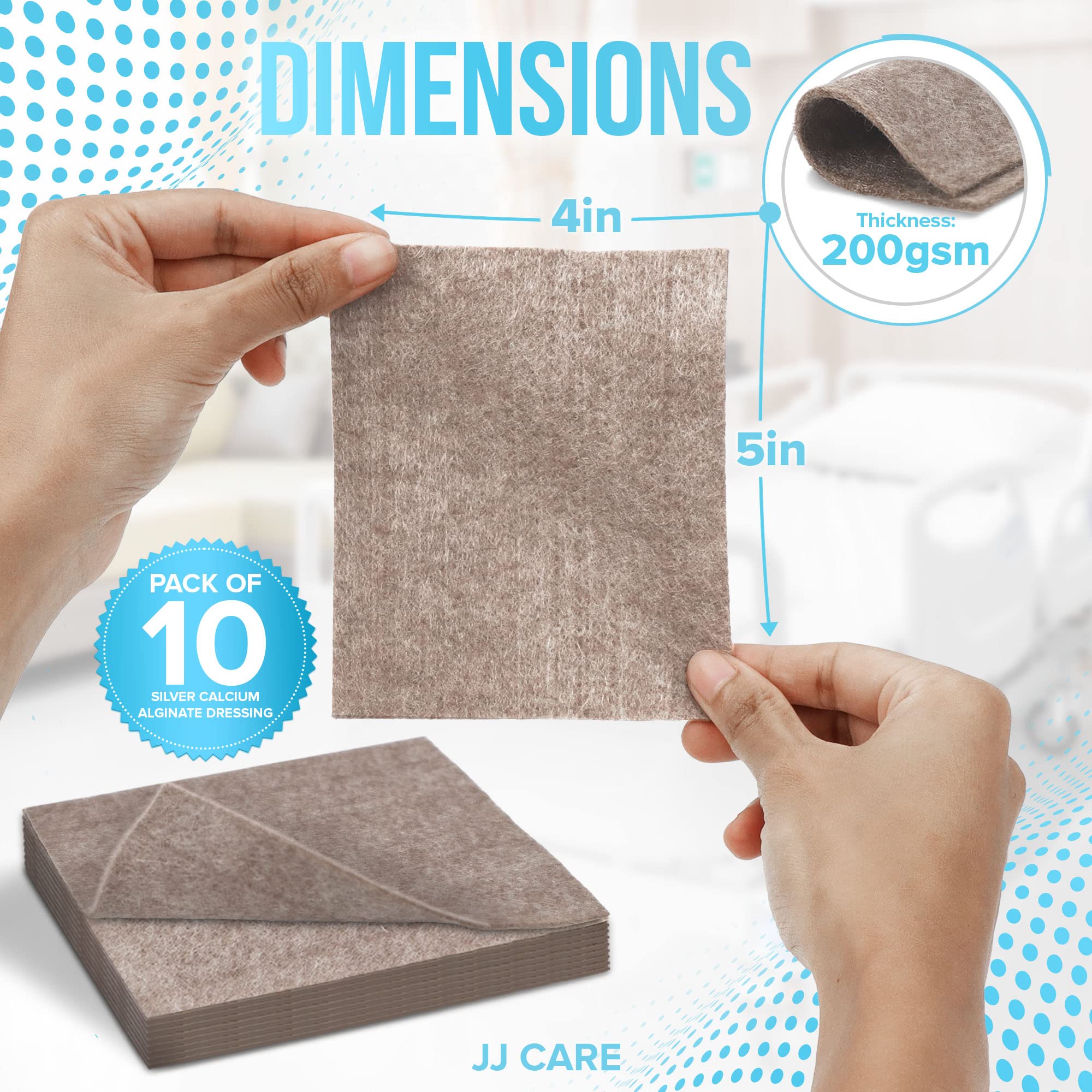 JJ CARE Silver Calcium Alginate Wound Dressing (Pack of 10) 4x5, Calcium Alginate Wound Dressing, Individually Packed Calcium Alginate, Highly Absorbent Silver Wound Dressing