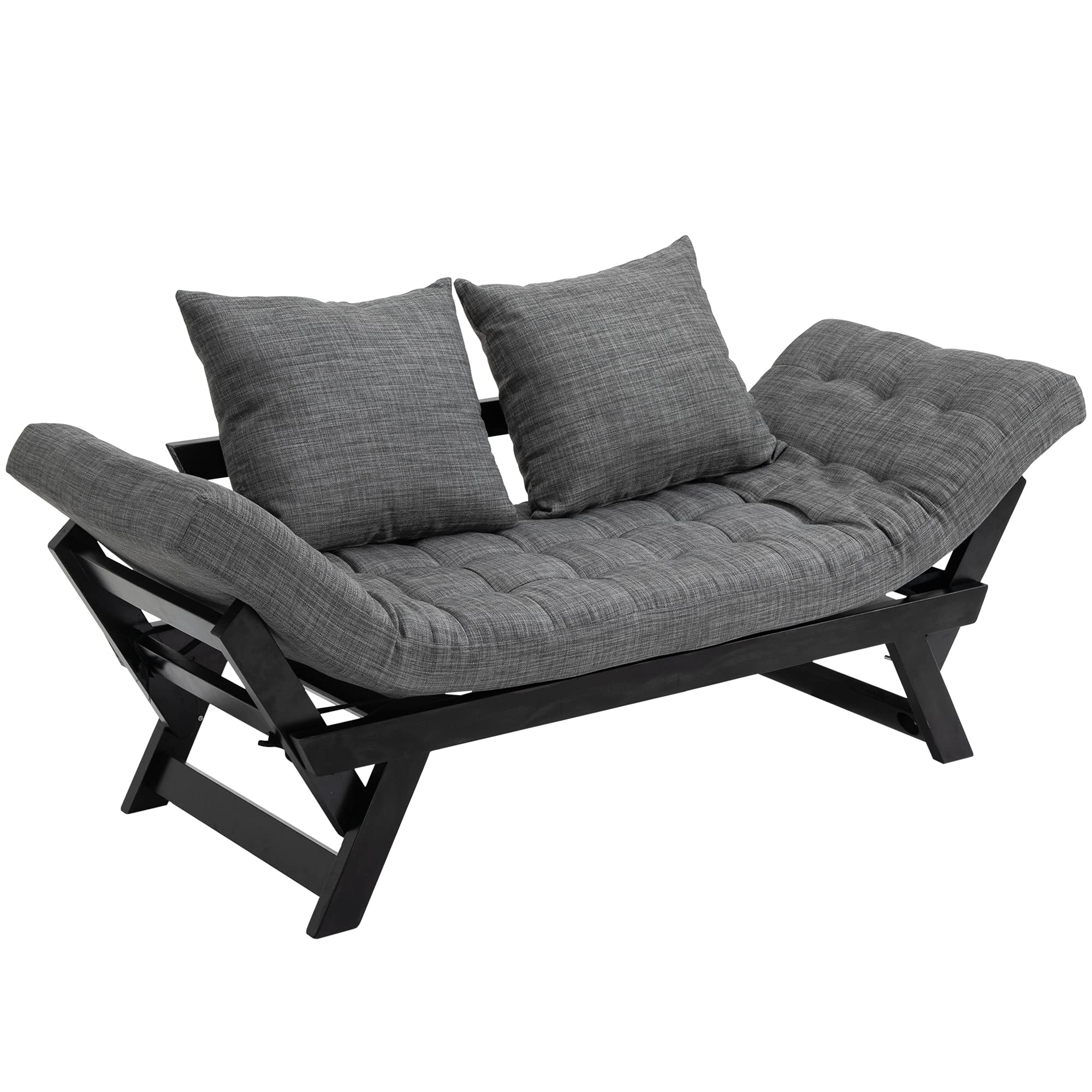 HOMCOM Single Person 3 Position Convertible Chaise Lounger Sofa Bed with 2 Large Pillows and Oak Frame, Light Gray